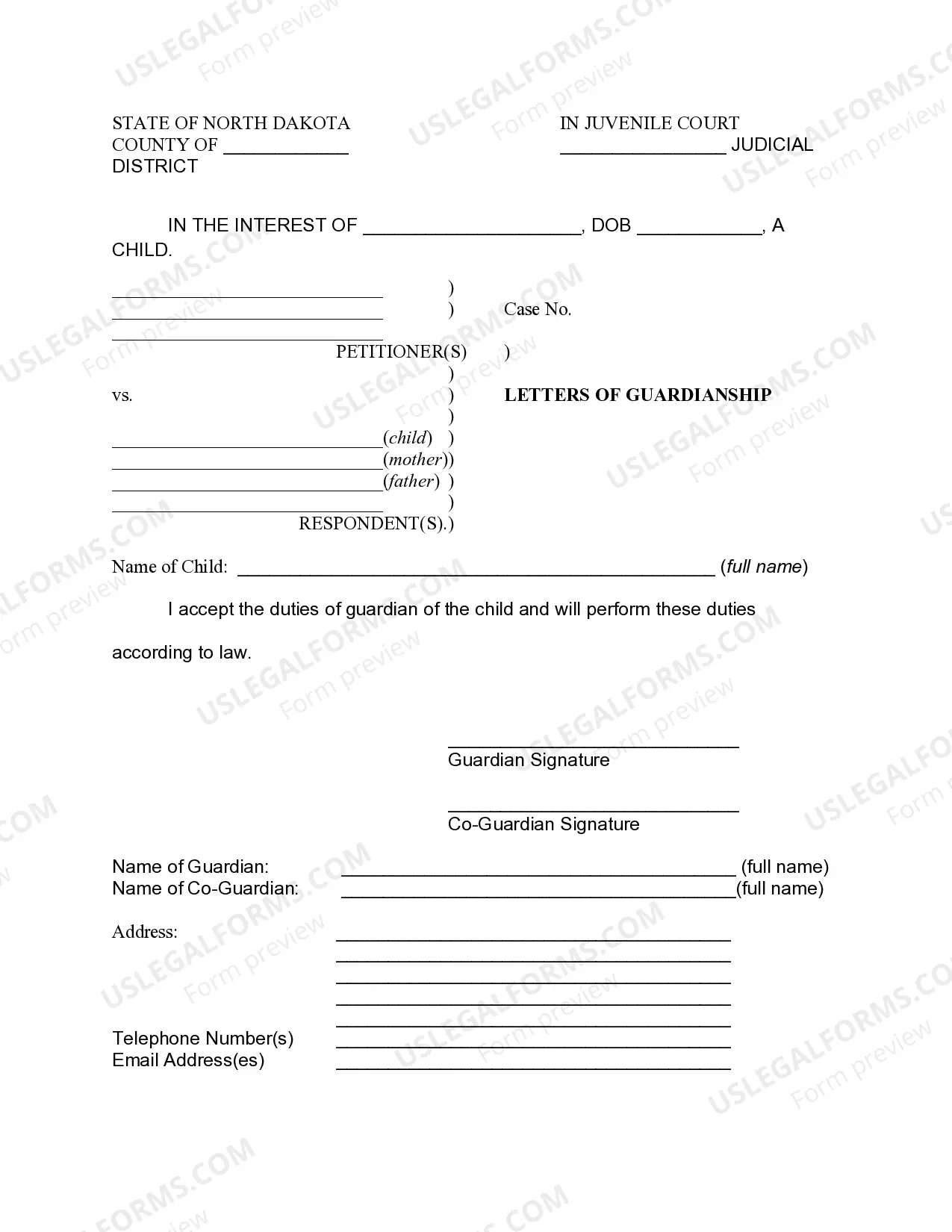 North Dakota Letters of Guardianship | US Legal Forms
