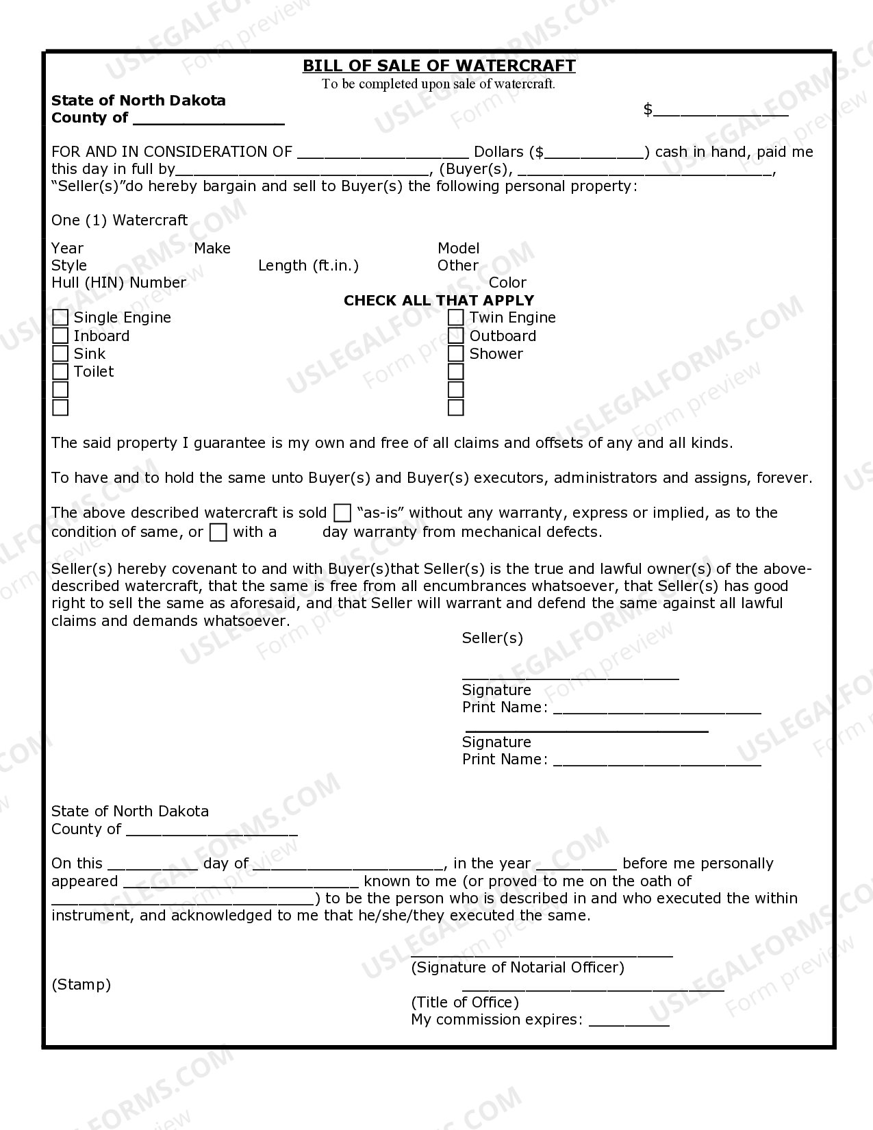 North Dakota Bill of Sale for WaterCraft or Boat - Watercraft Bill Of ...