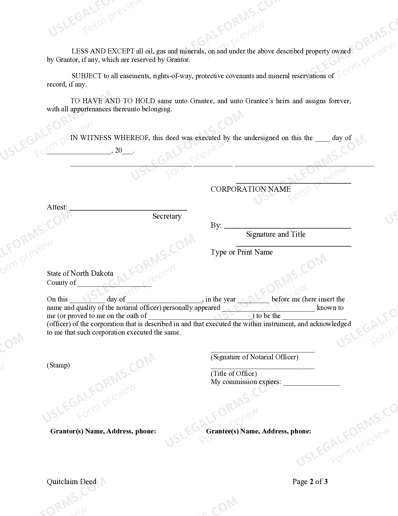 North Dakota Quitclaim Deed from Corporation to Individual | US Legal Forms