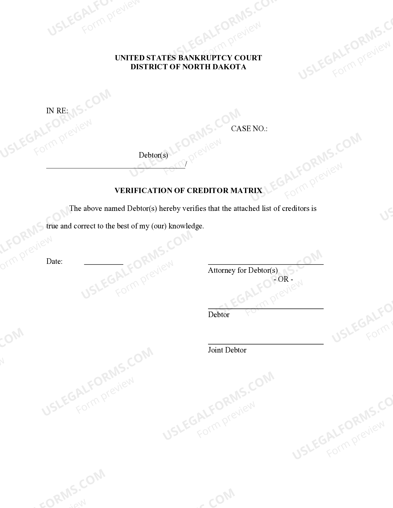 North Dakota Verification of Creditors Matrix | US Legal Forms
