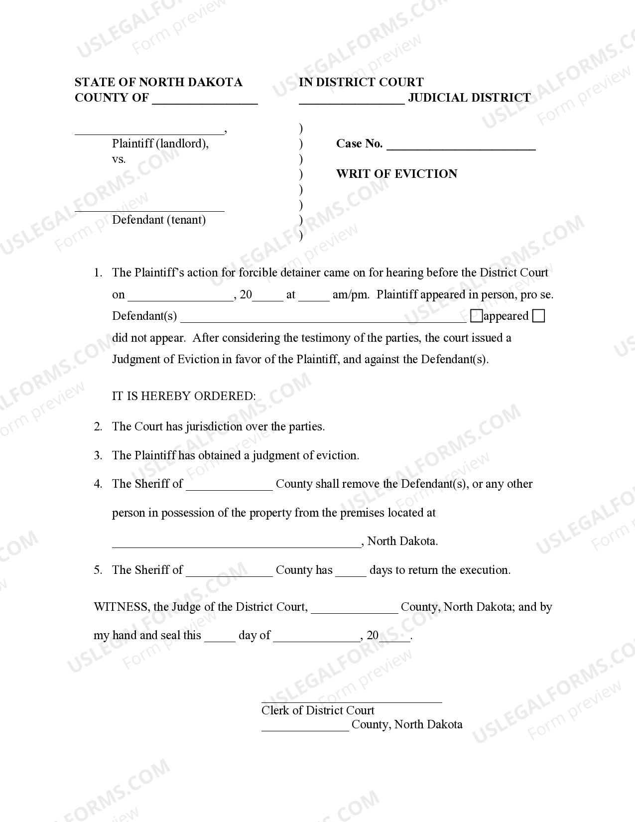 North Dakota Writ For Eviction | US Legal Forms