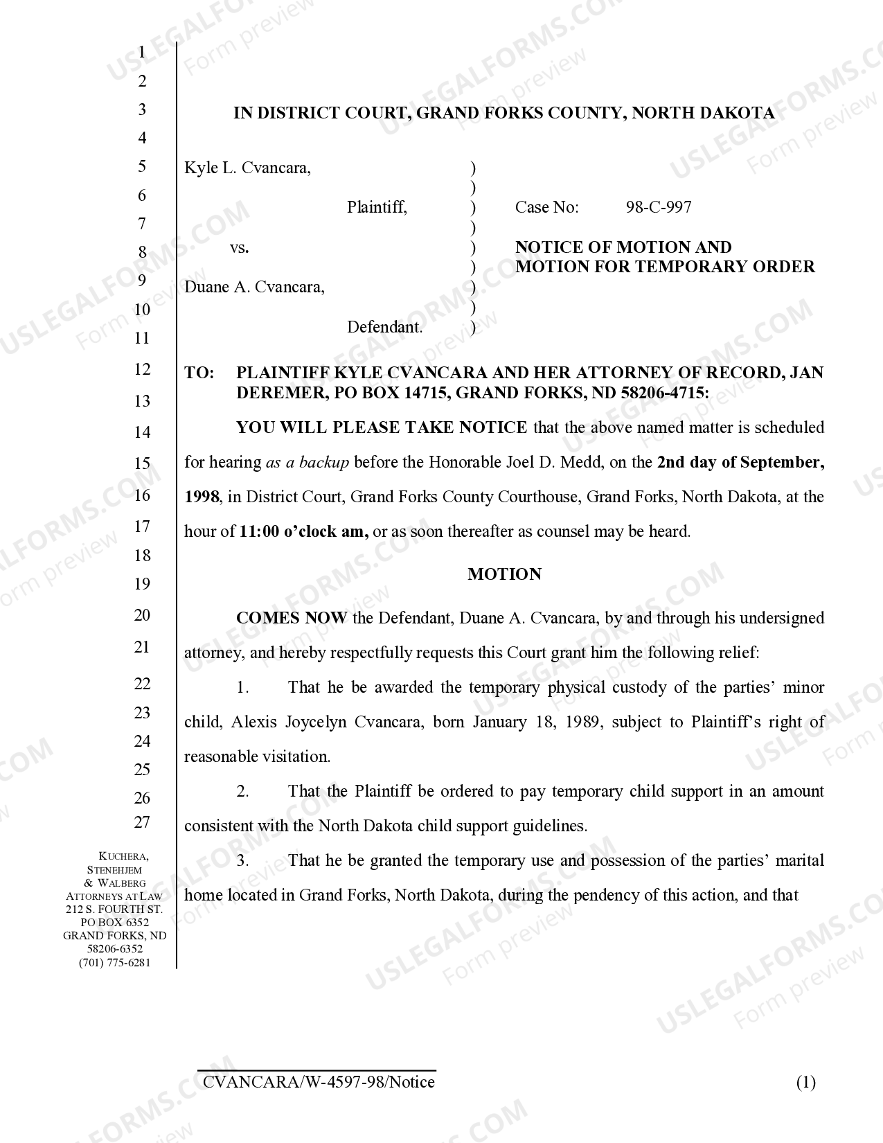 North Dakota Notice of Motion and Motion for Temporary Order | US Legal ...
