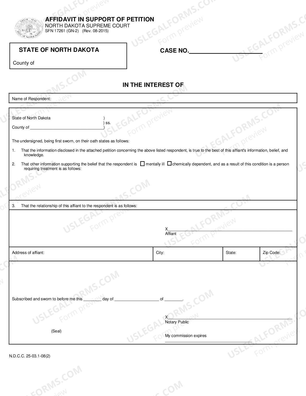 North Dakota Affidavit in Support of Petition for Involuntary Commitment - Petition For ...