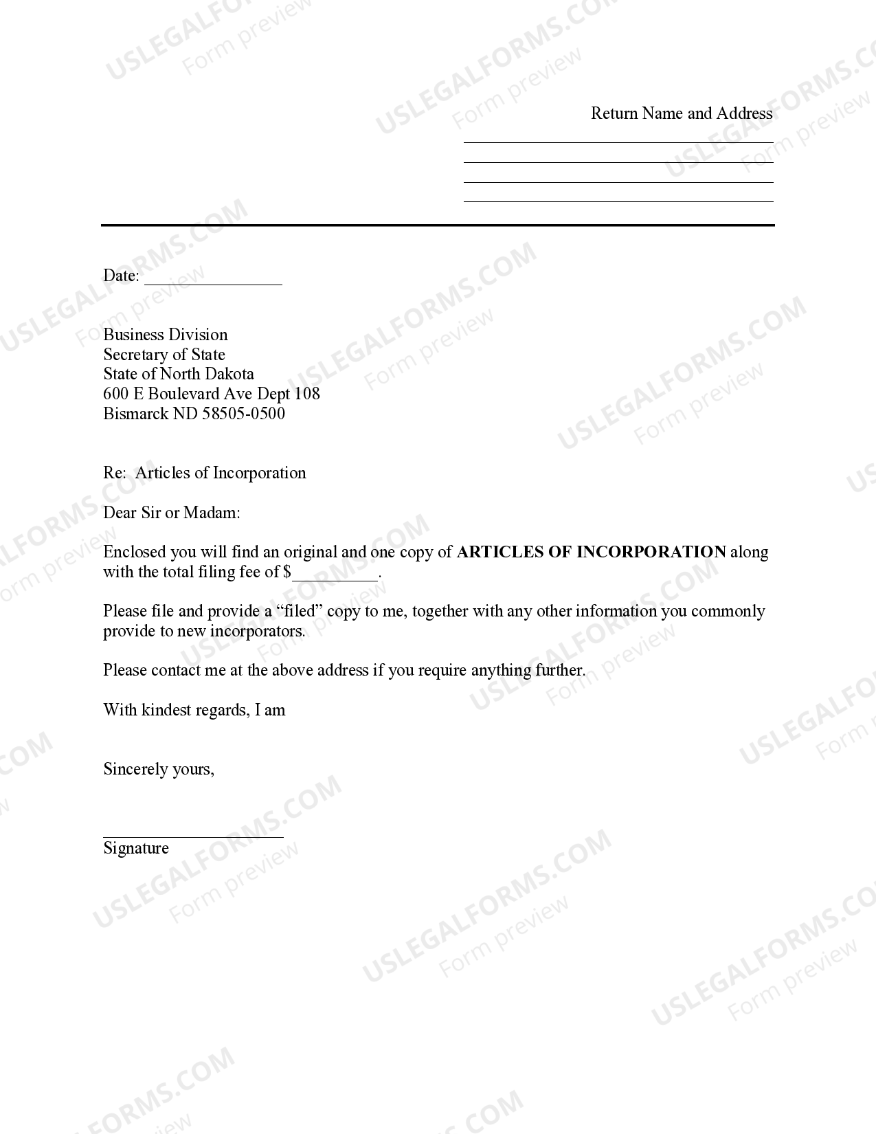 North Dakota Sample Transmittal Letter for Articles of Incorporation ...