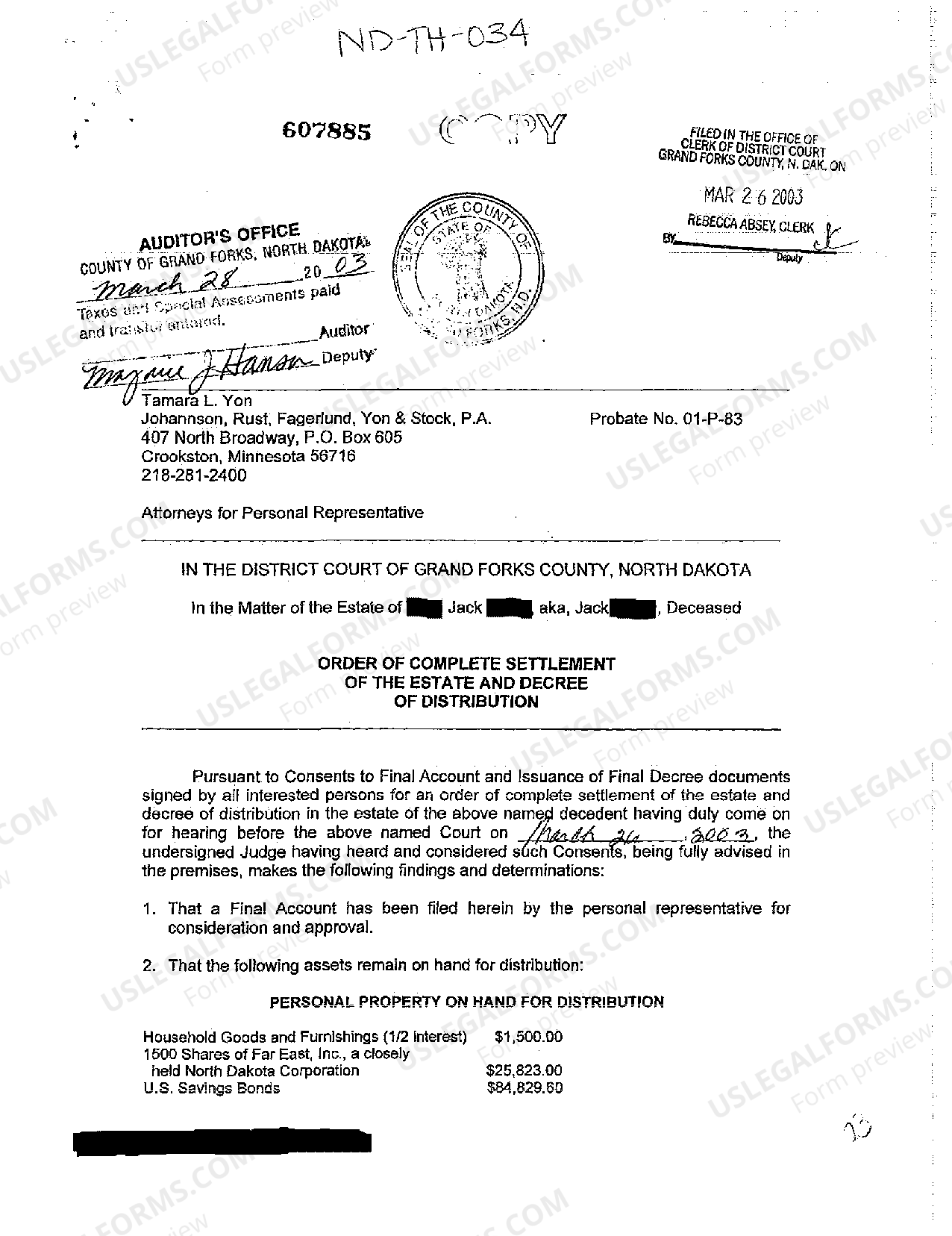 North Dakota Order of Complete Settlement of the Estate and Decree of ...