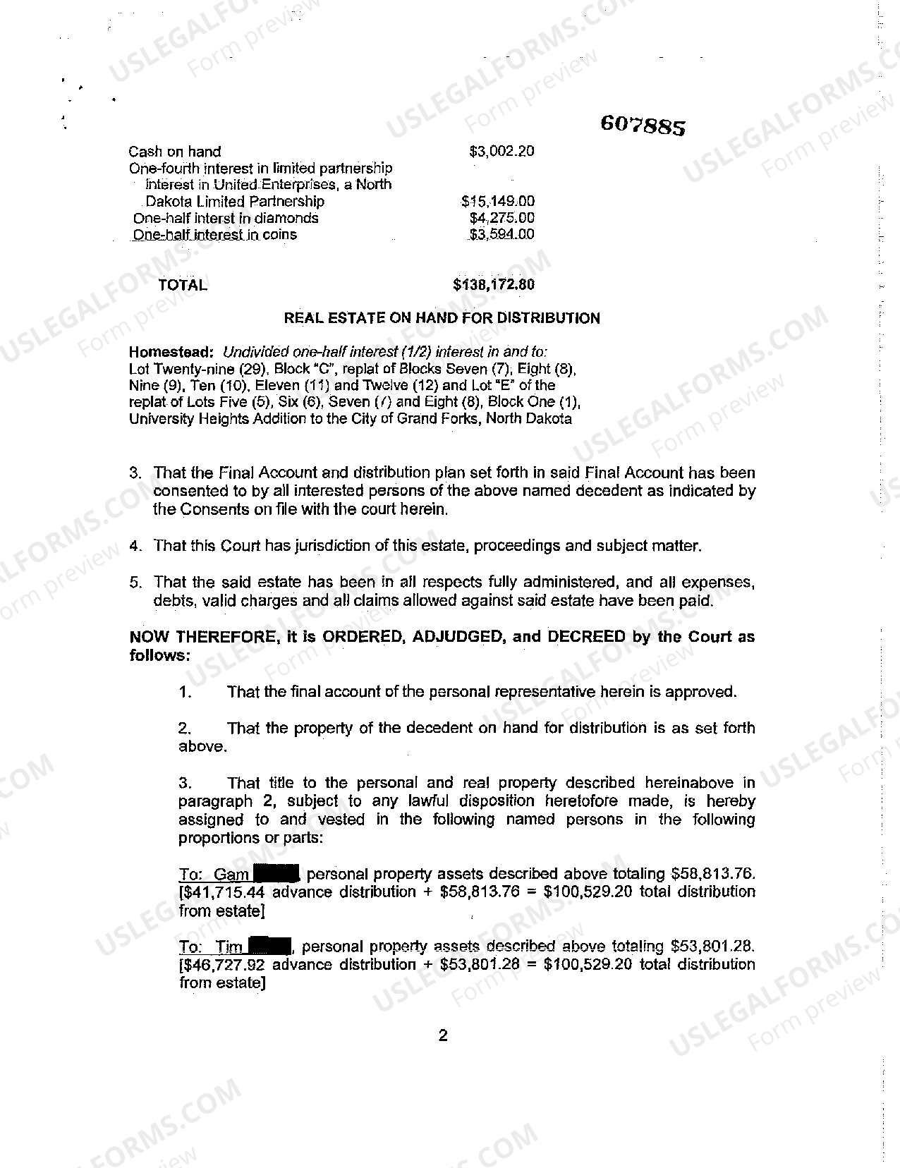 North Dakota Order of Complete Settlement of the Estate and Decree of ...