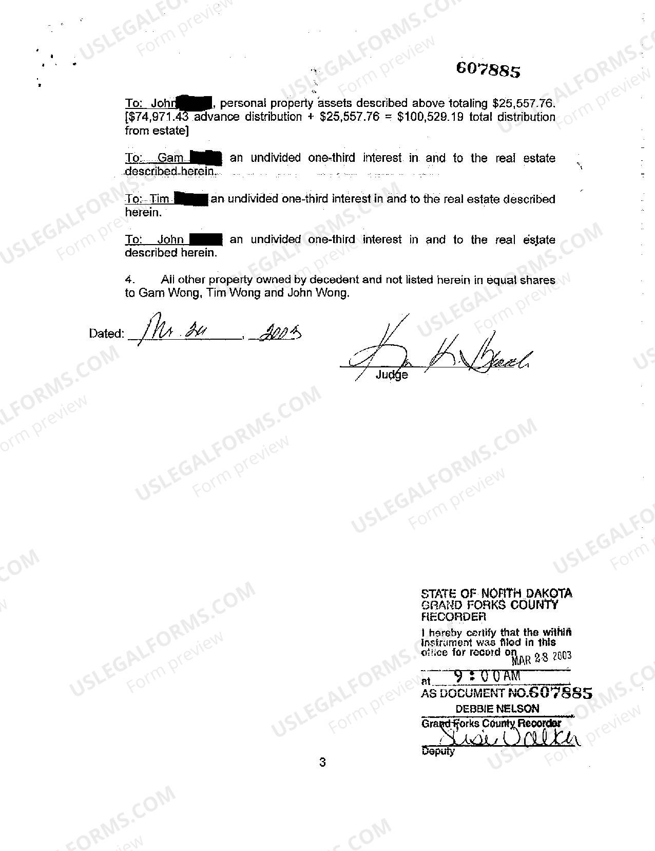 North Dakota Order of Complete Settlement of the Estate and Decree of ...