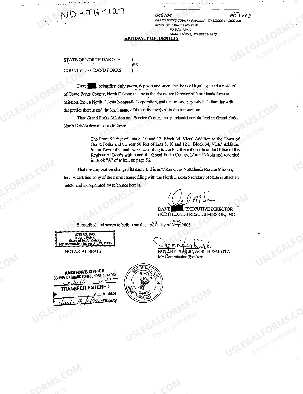 Affidavit Of Identity North Dakota Real Estate Withholding Tax | US ...