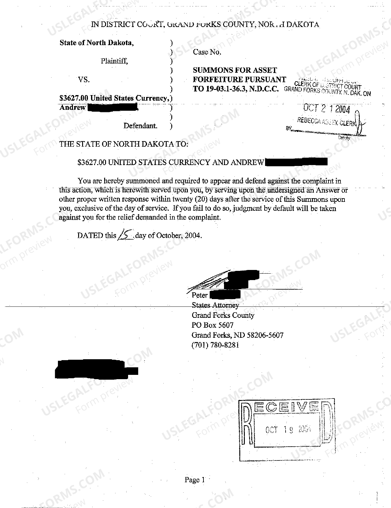 North Dakota Complaint for Asset Forfeiture regarding Cash Money Found ...