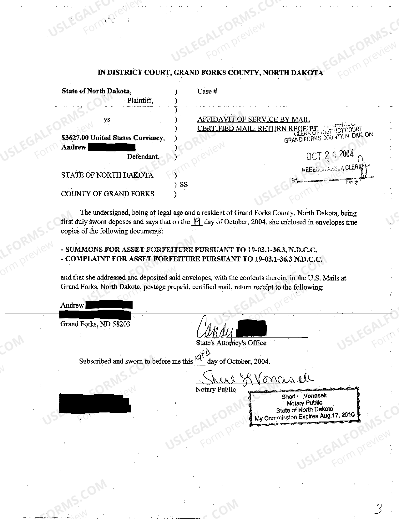 North Dakota Complaint for Asset Forfeiture regarding Cash Money Found ...