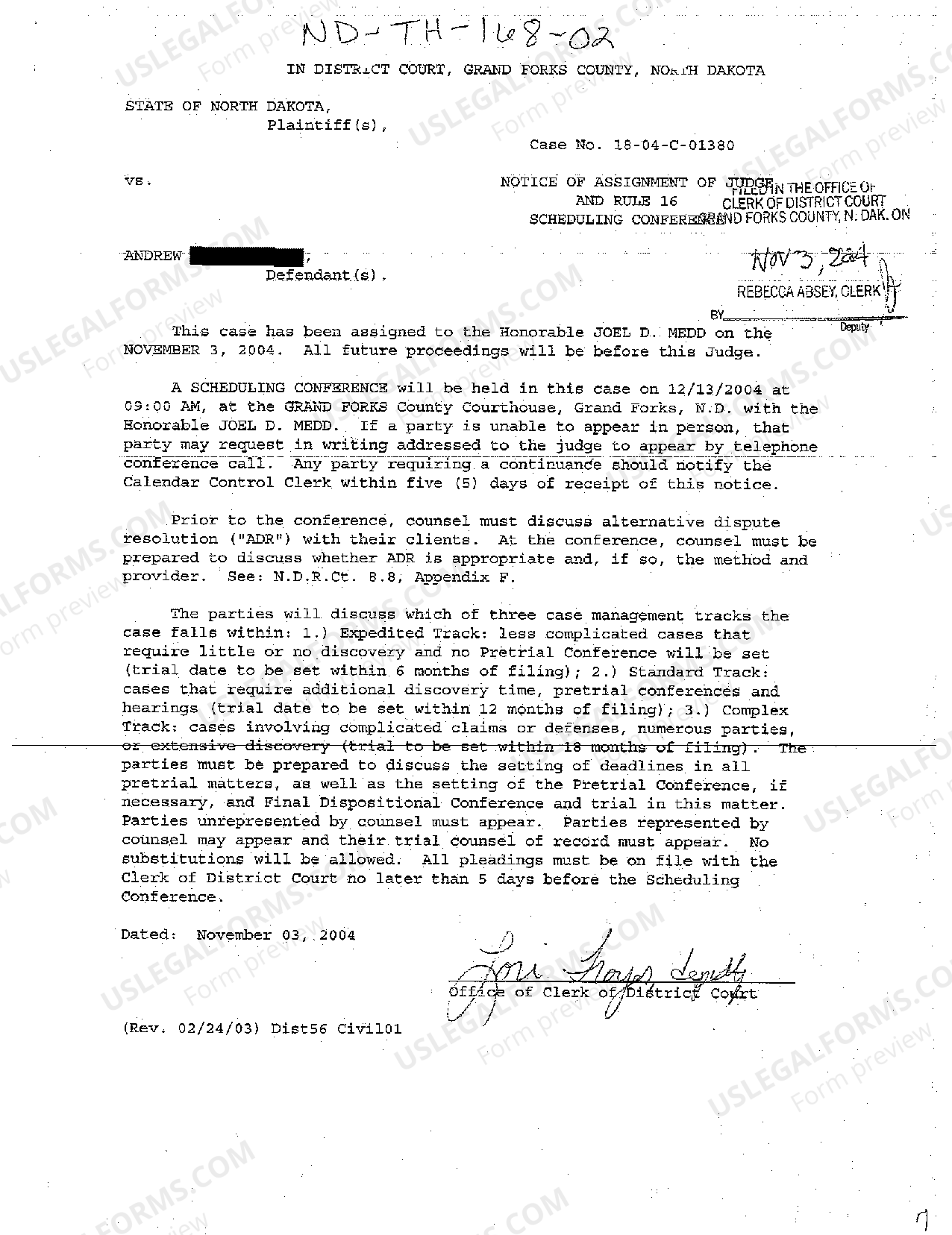 North Dakota Notice of Assignment of Judge and Scheduling Order | US ...