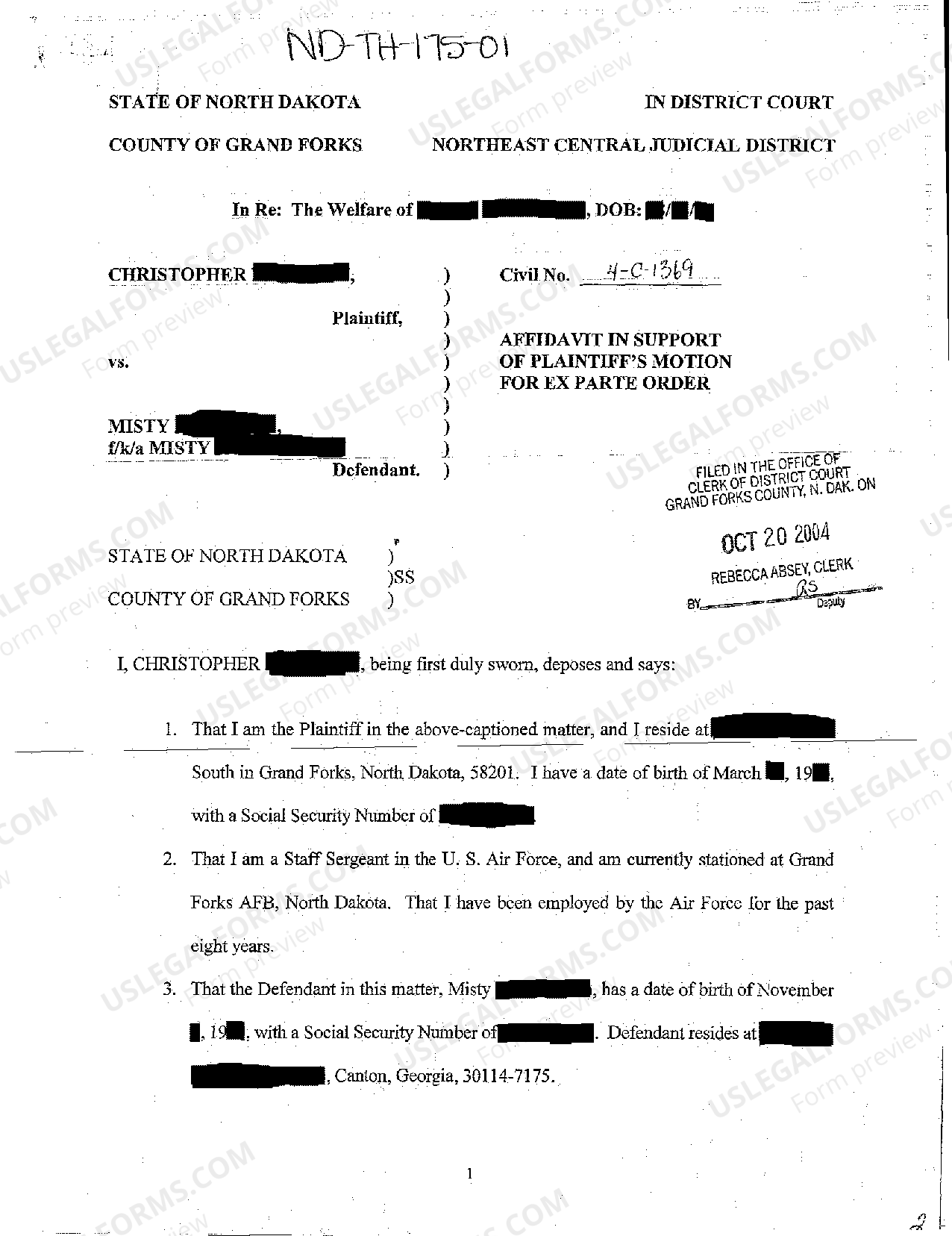 North Dakota Affidavit in Support of Plaintiff's Motion for Ex Parte ...