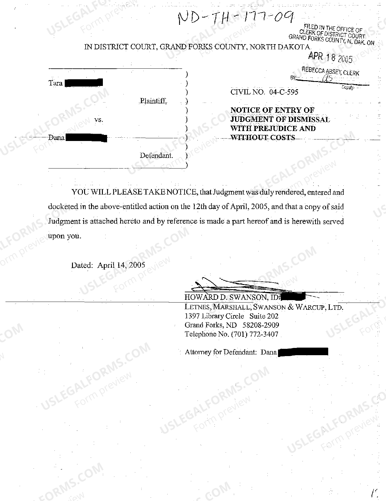 North Dakota Notice of Entry of Judgment of Dismissal with Prejudice ...