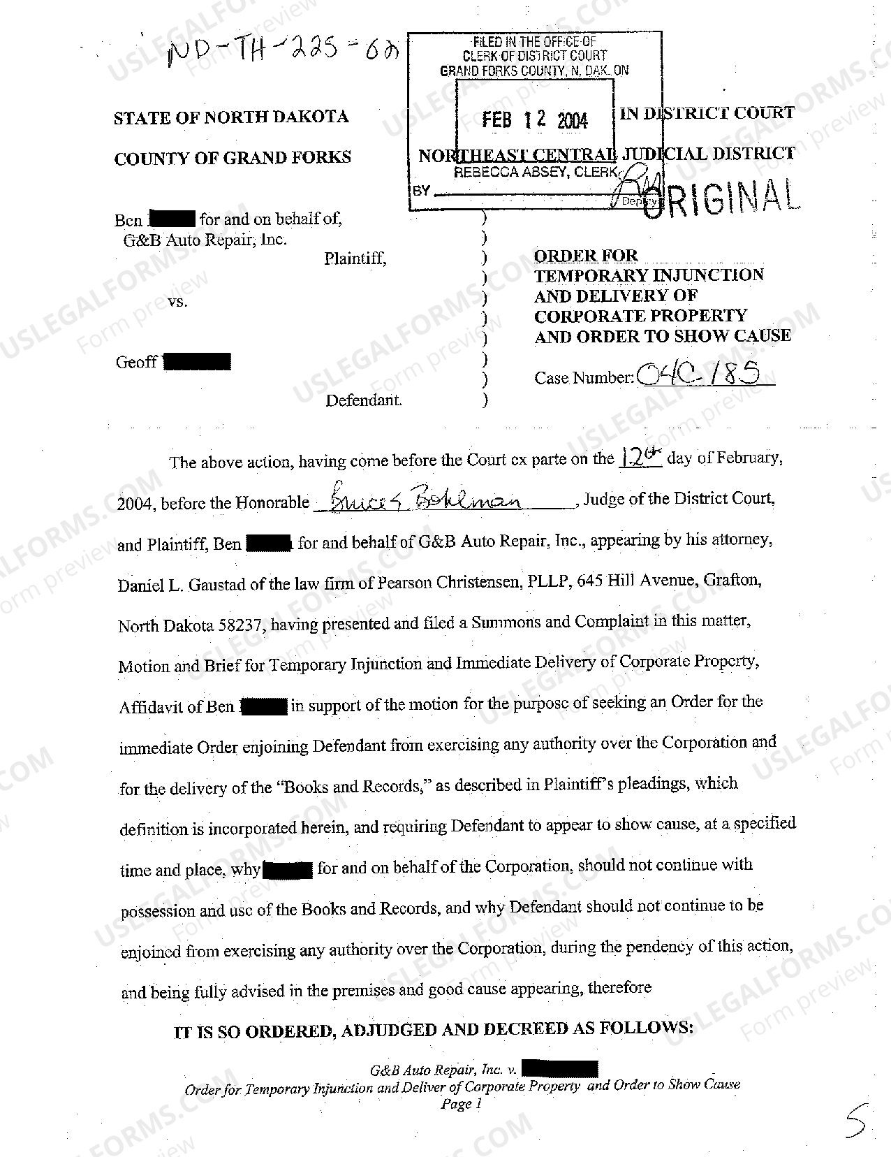 North Dakota Order for Temporary Injunction and Delivery of Corporate ...