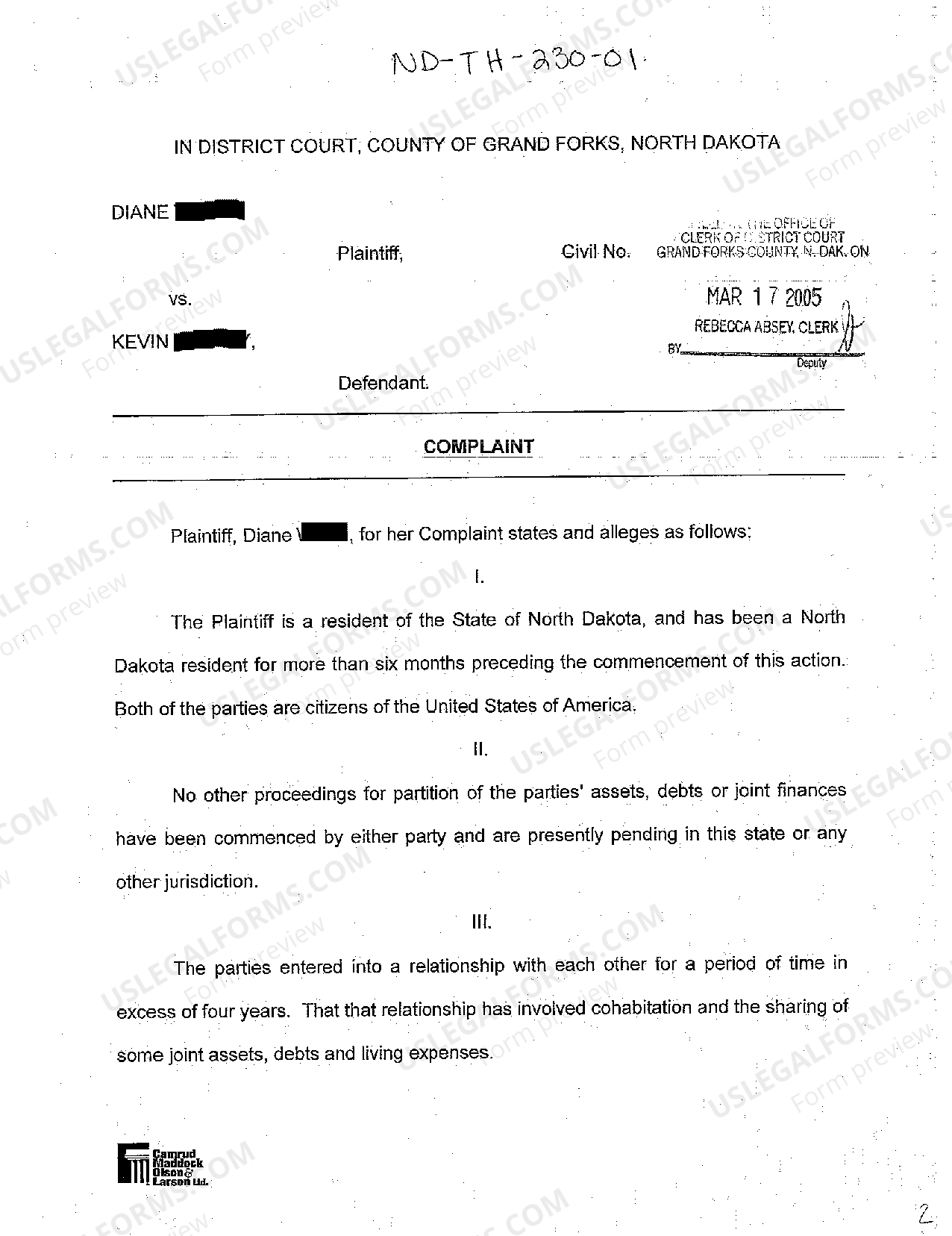 North Dakota Complaint for Partition of Property Between Cohabitants ...