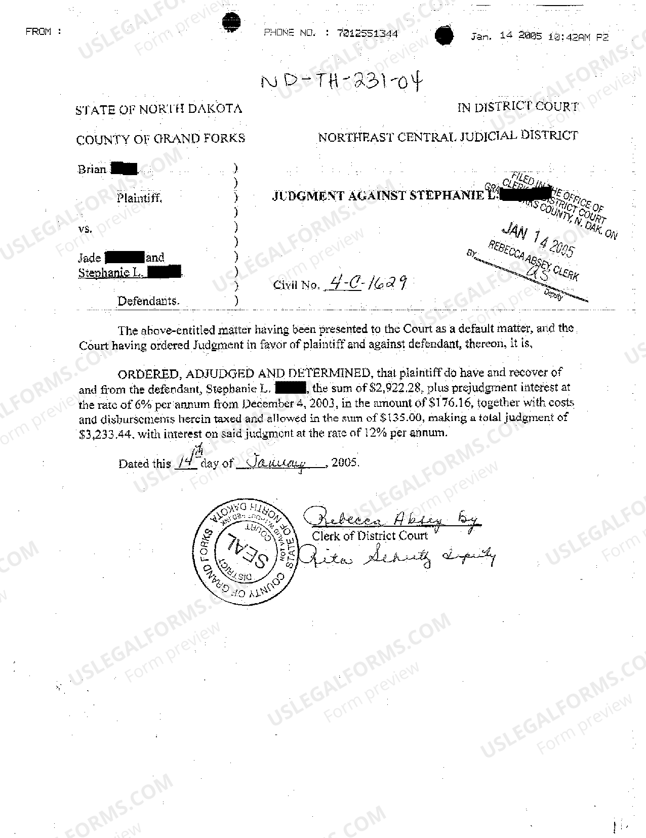 North Dakota Judgment Against One of Defendants | US Legal Forms
