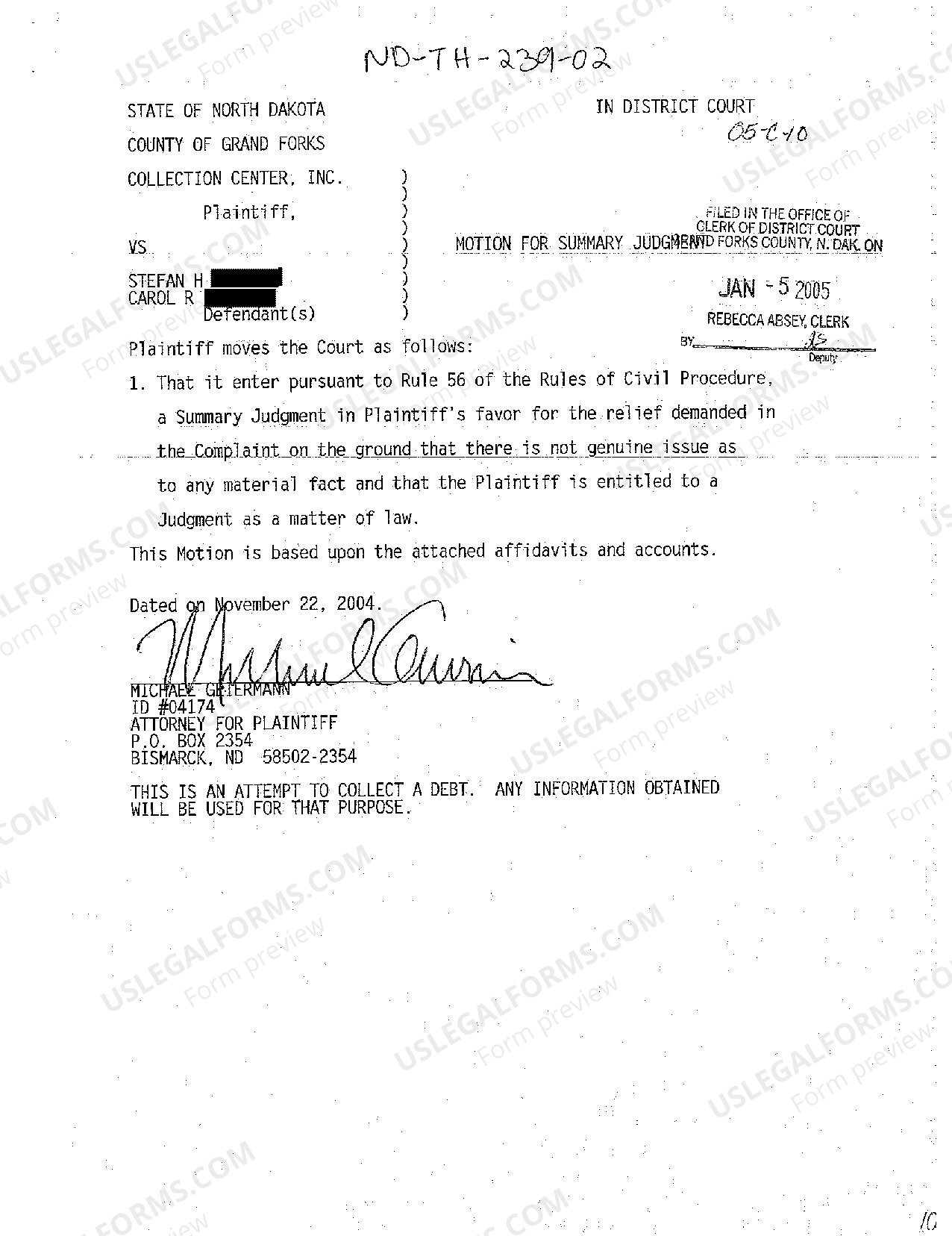 North Dakota Motion for Summary Judgment by Plaintiff | US Legal Forms