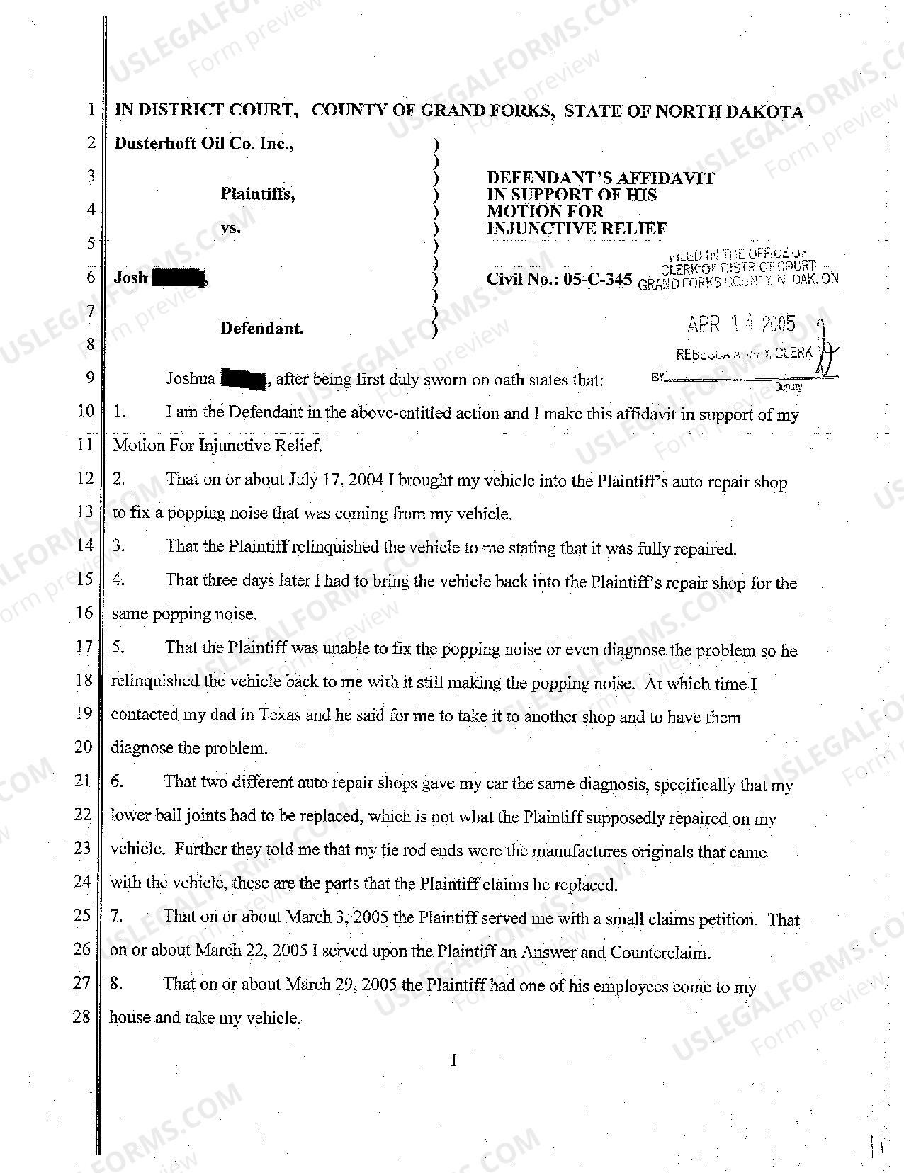 North Dakota Motion for Injunctive Relief Requesting Plaintiff to ...