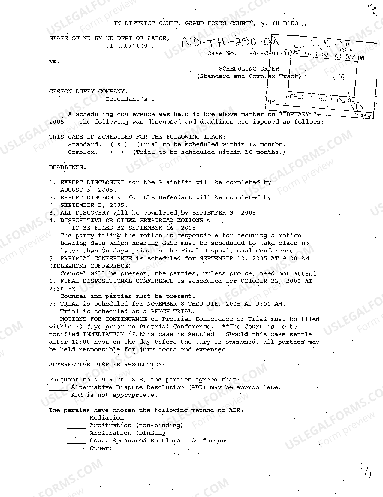 North Dakota Scheduling Order Standard and Complex Track | US Legal Forms