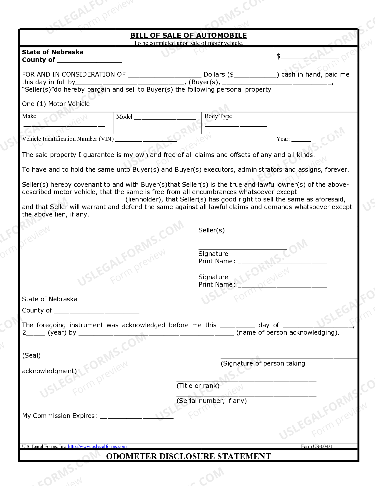 Nebraska Bill of Sale of Automobile and Odometer Statement - Nebraska ...