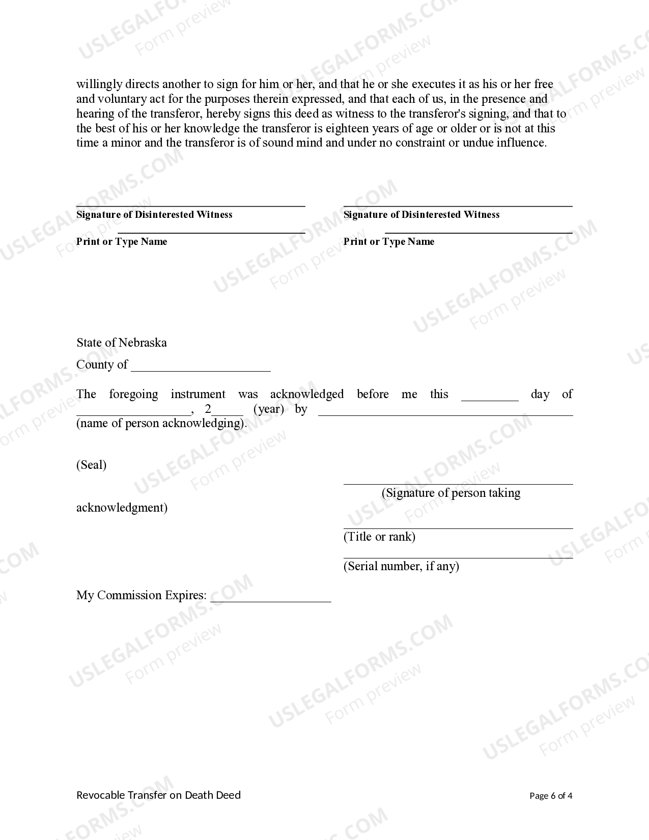 Nebraska Transfer on Death Deed or TOD - Beneficiary Deed - Individual ...