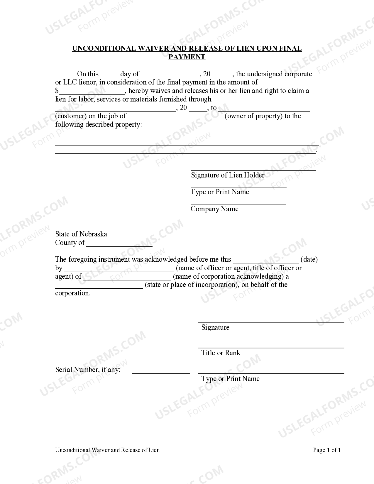 Nebraska Unconditional Waiver and Release of Lien Upon Final Payment - Nebraska Release Lien ...