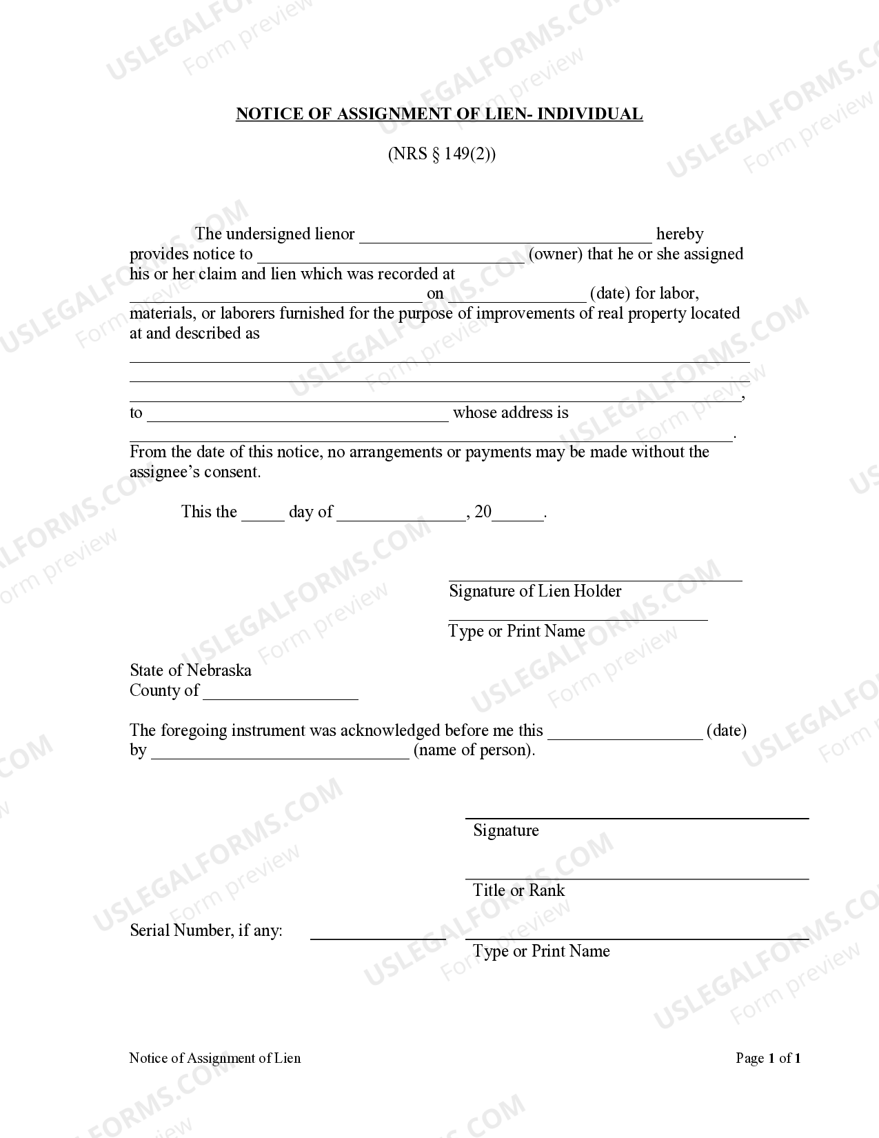 Nebraska Notice of Assignment of Lien - Individual - Nebraska Lien | US ...