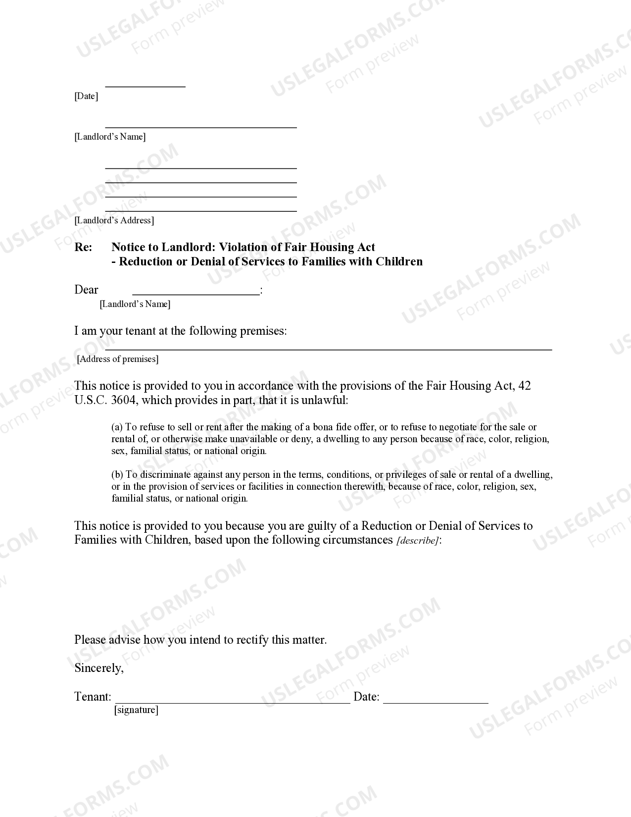 Nebraska Letter from Tenant to Landlord about Fair Housing Reduction or ...