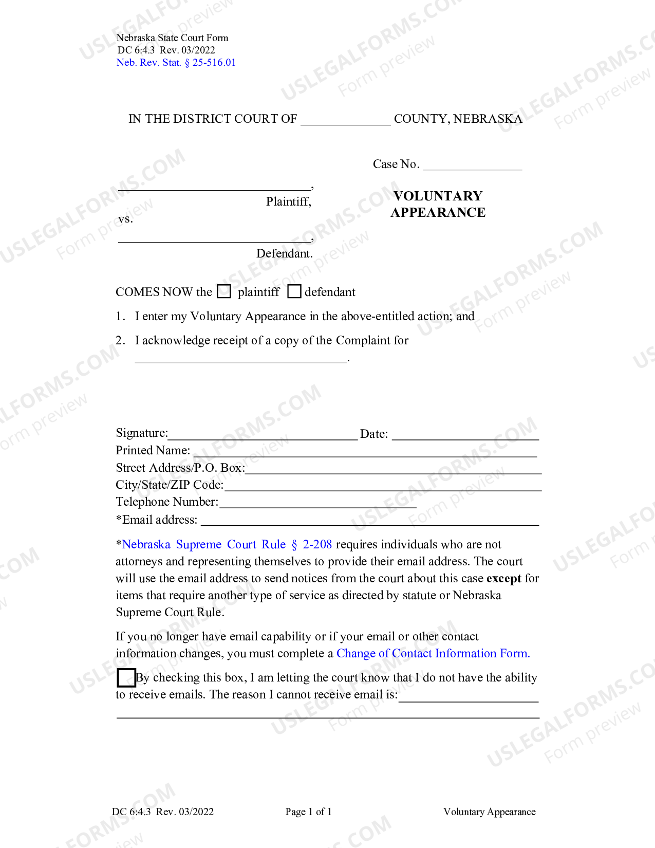 Nebraska Voluntary Appearance - With or Without Children - Voluntary ...