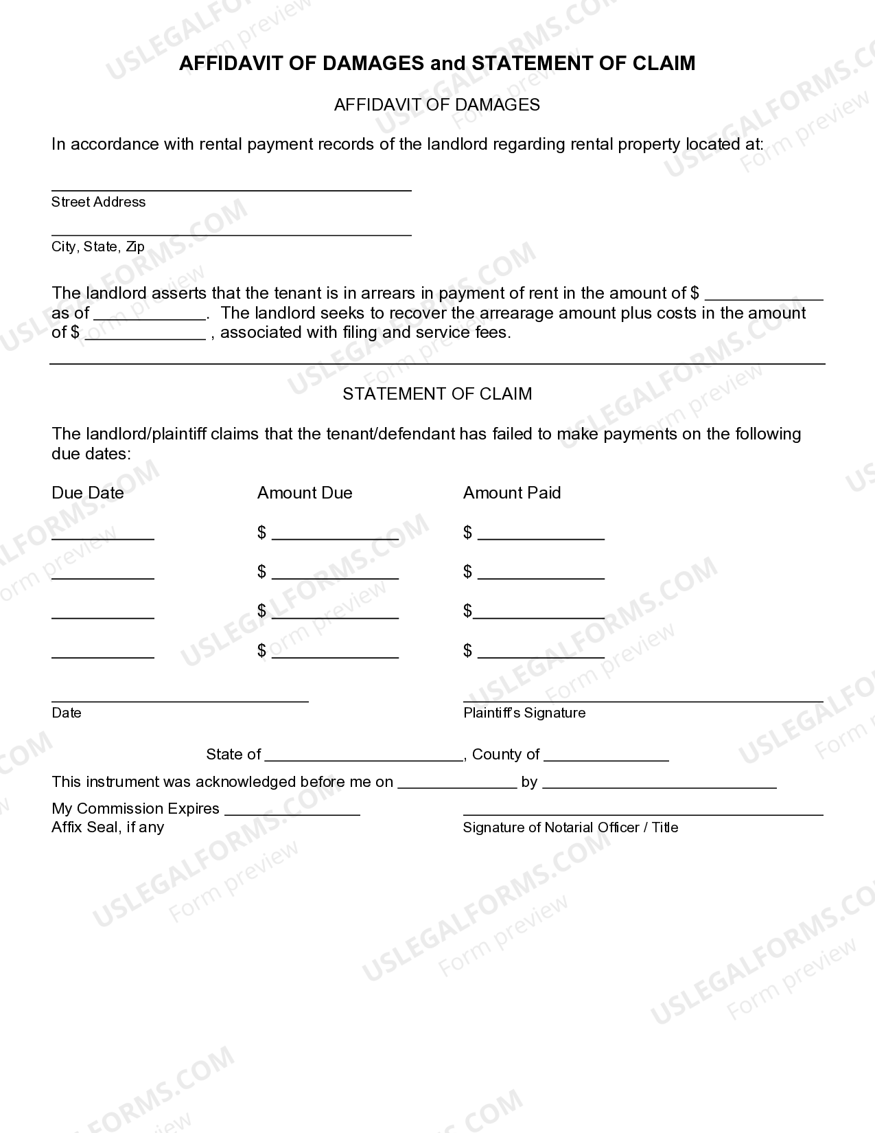 Nebraska Affidavit Of Damages And Statement Of Claim - Affidavit ...