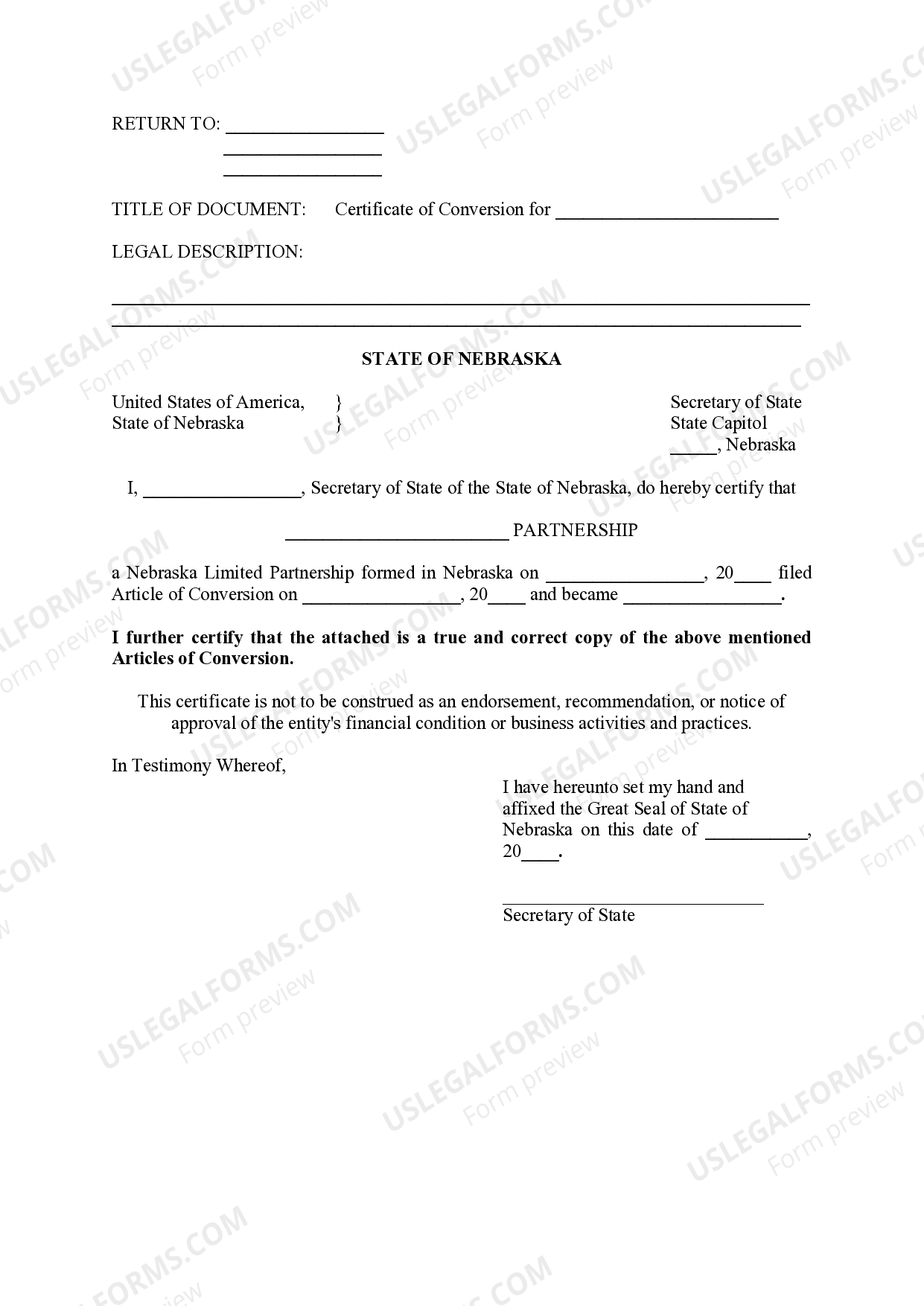 Nebraska Notice of Articles of Conversion | US Legal Forms