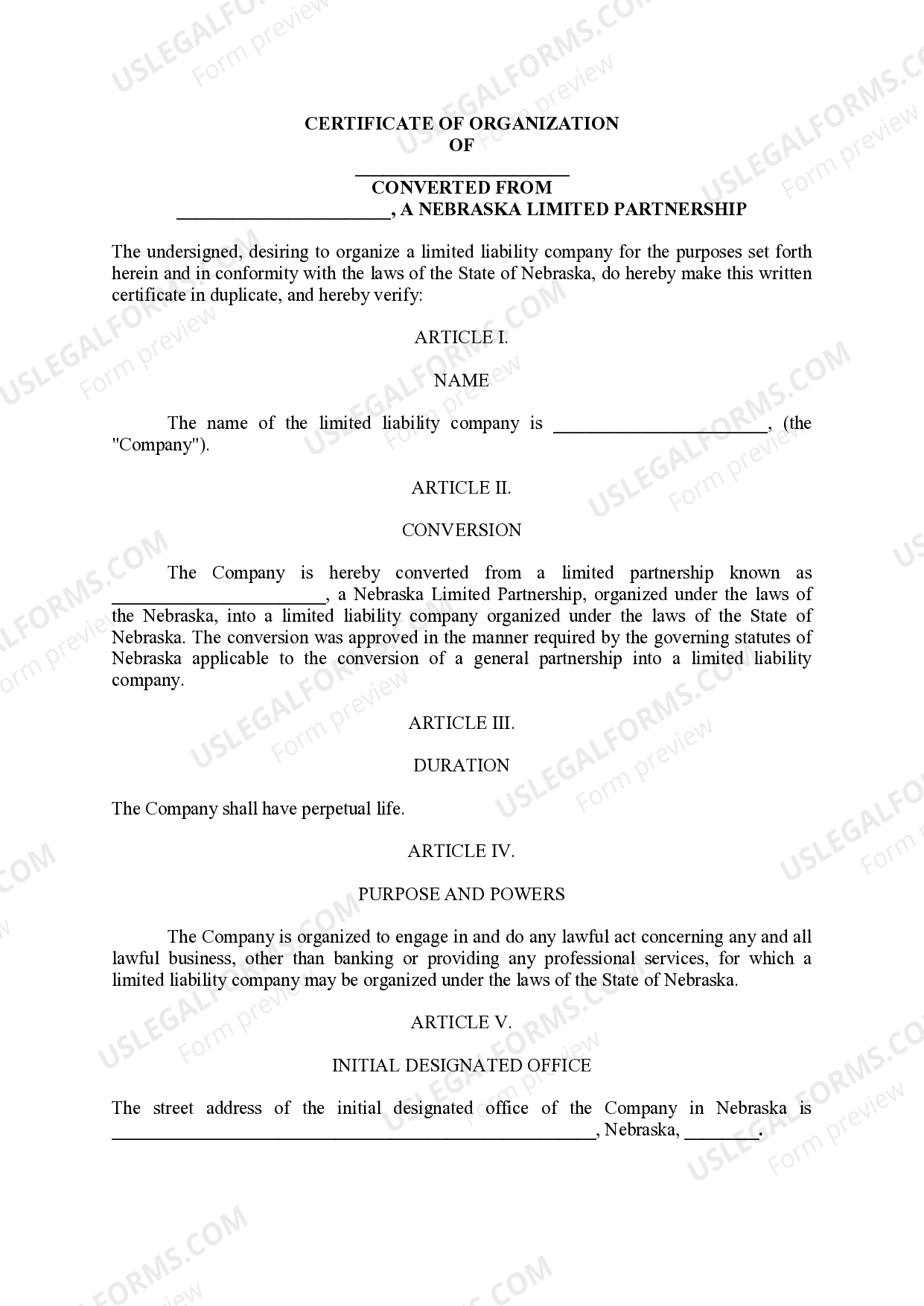 Nebraska Notice of Articles of Conversion | US Legal Forms