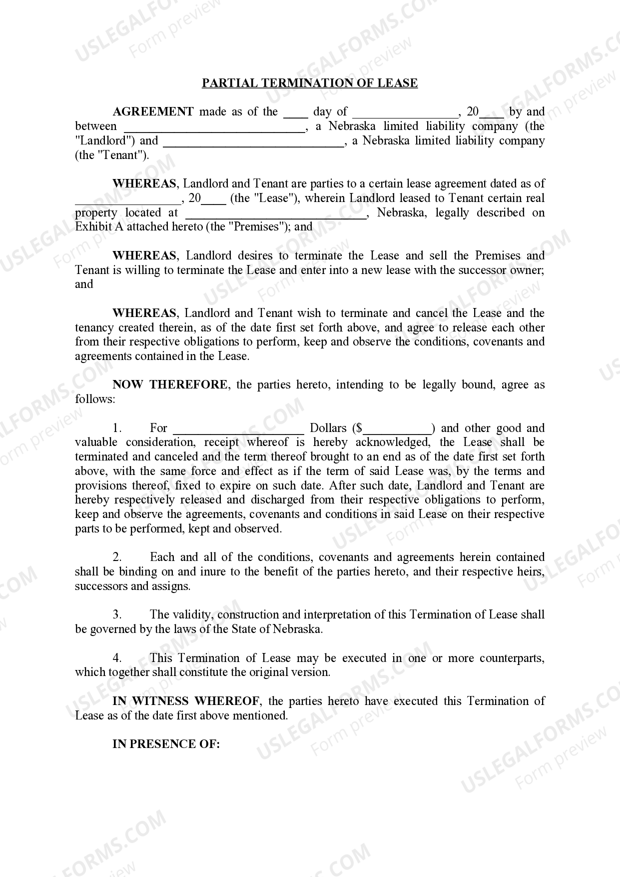 Nebraska Partial Termination of Lease | US Legal Forms
