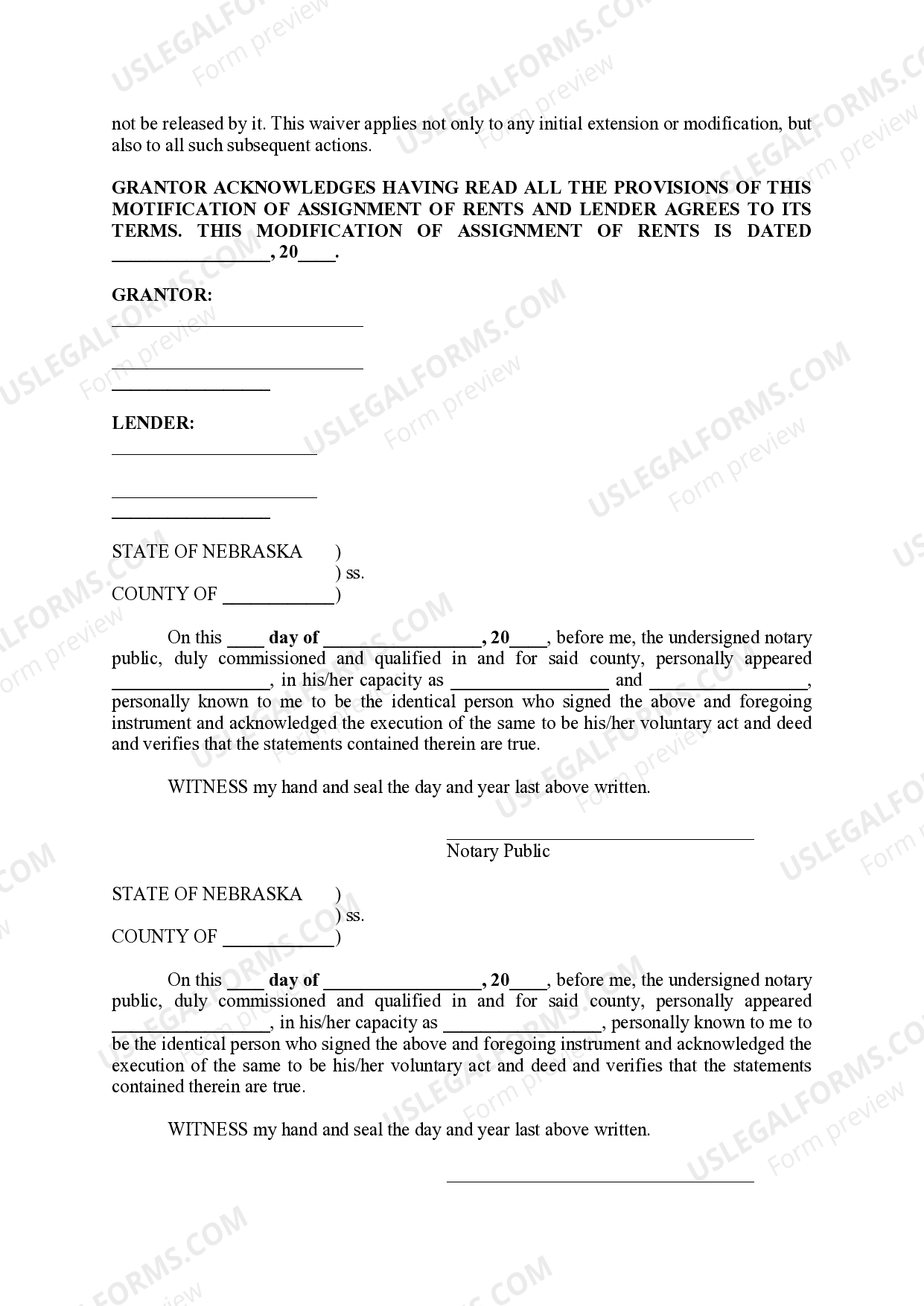 Nebraska Modification of Assignment of Rents | US Legal Forms