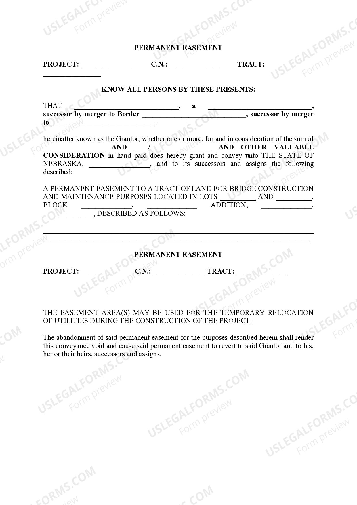 Nebraska Permanent Easement - Permanent Easement | US Legal Forms