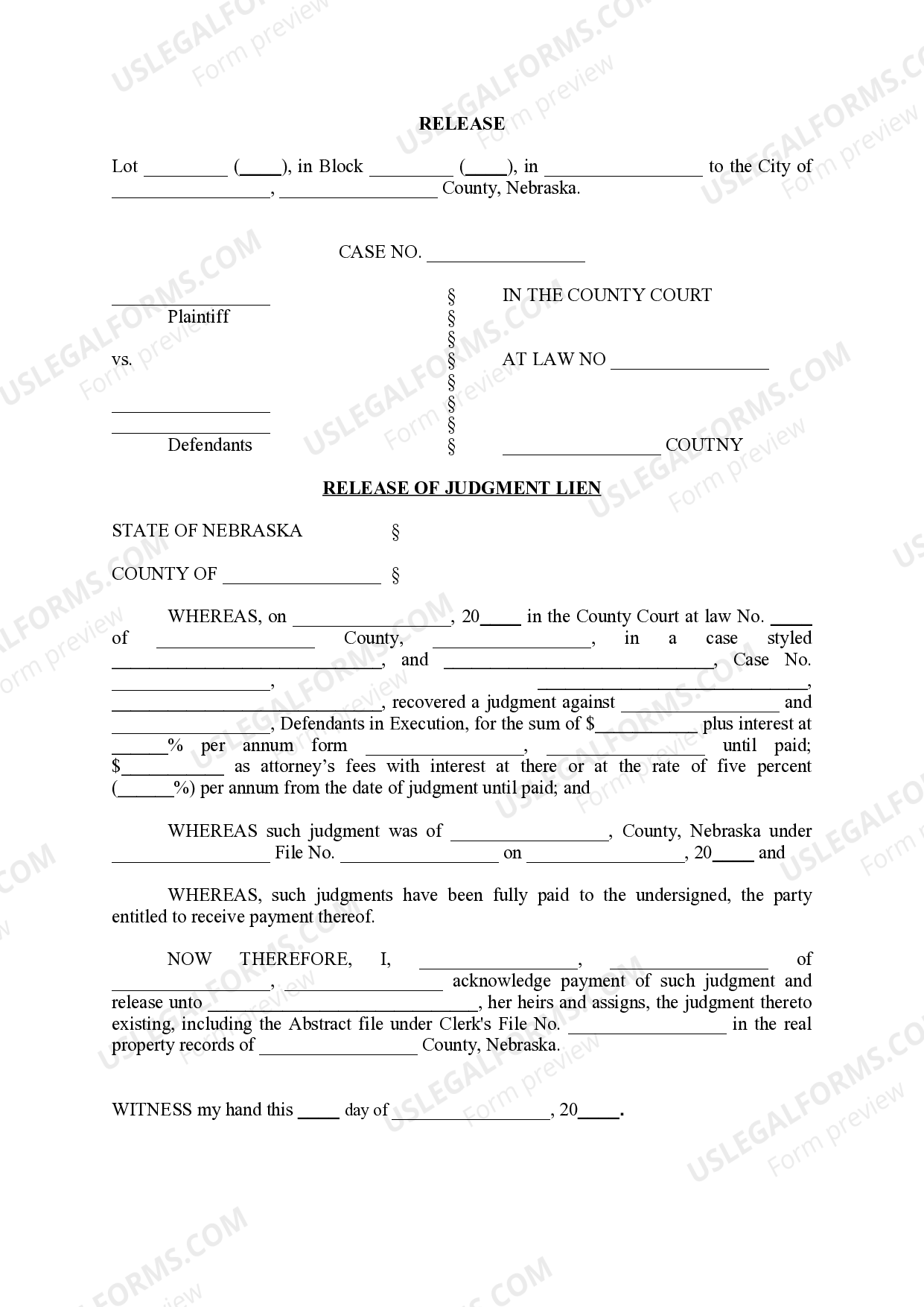 Nebraska Release of Judgment Lien | US Legal Forms