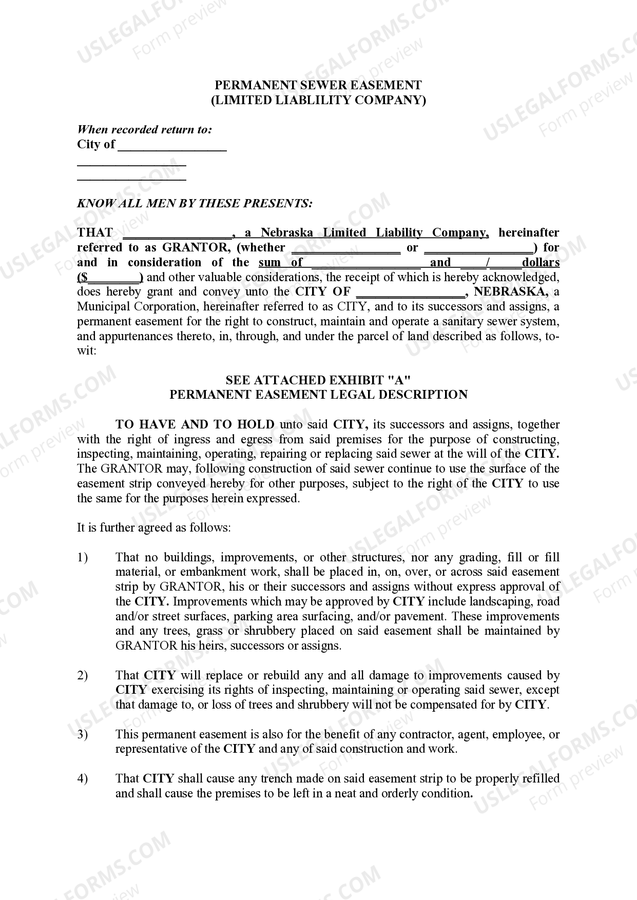Nebraska Permanent Sewer Easement by a LLC | US Legal Forms