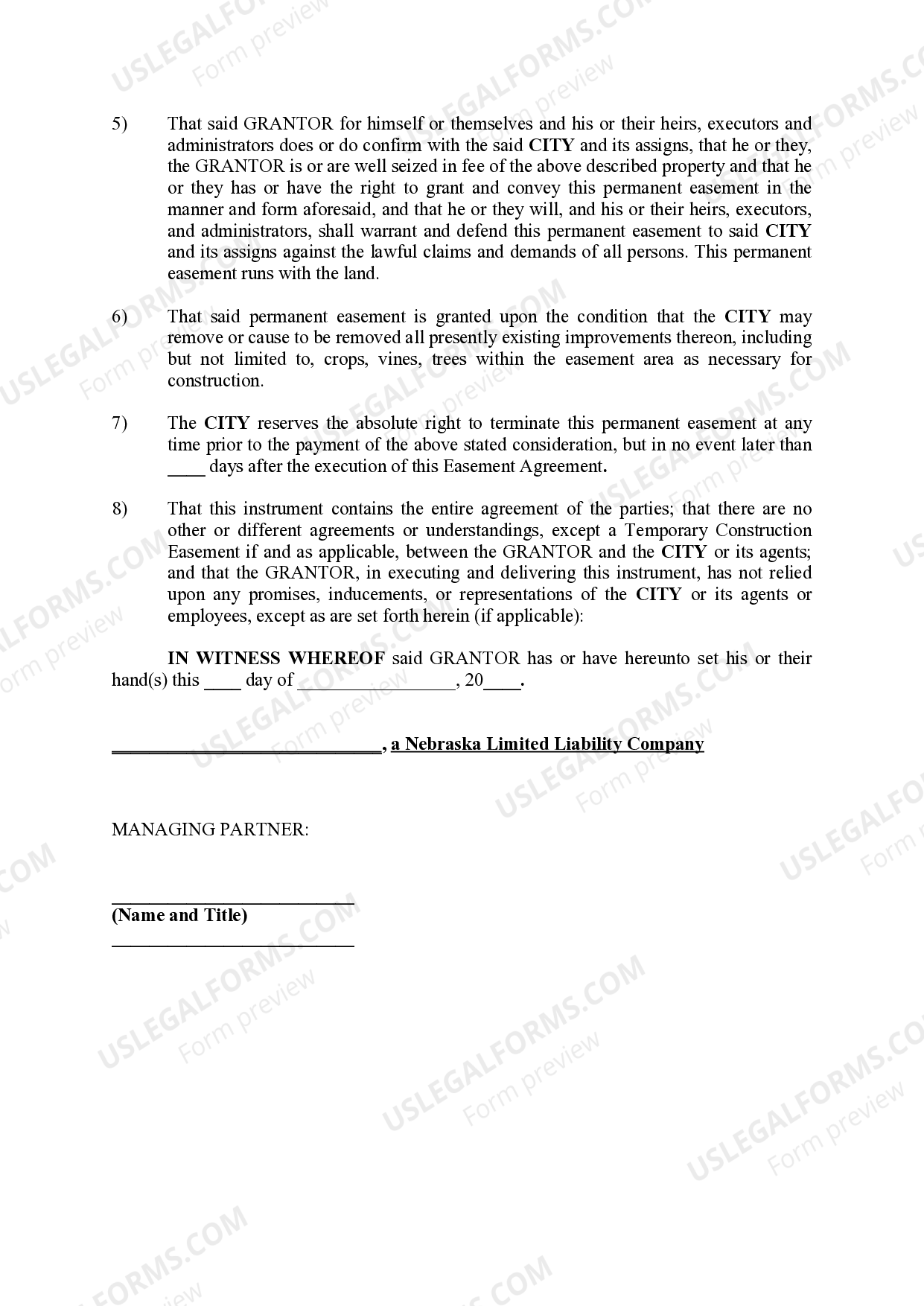 Nebraska Permanent Sewer Easement by a LLC | US Legal Forms