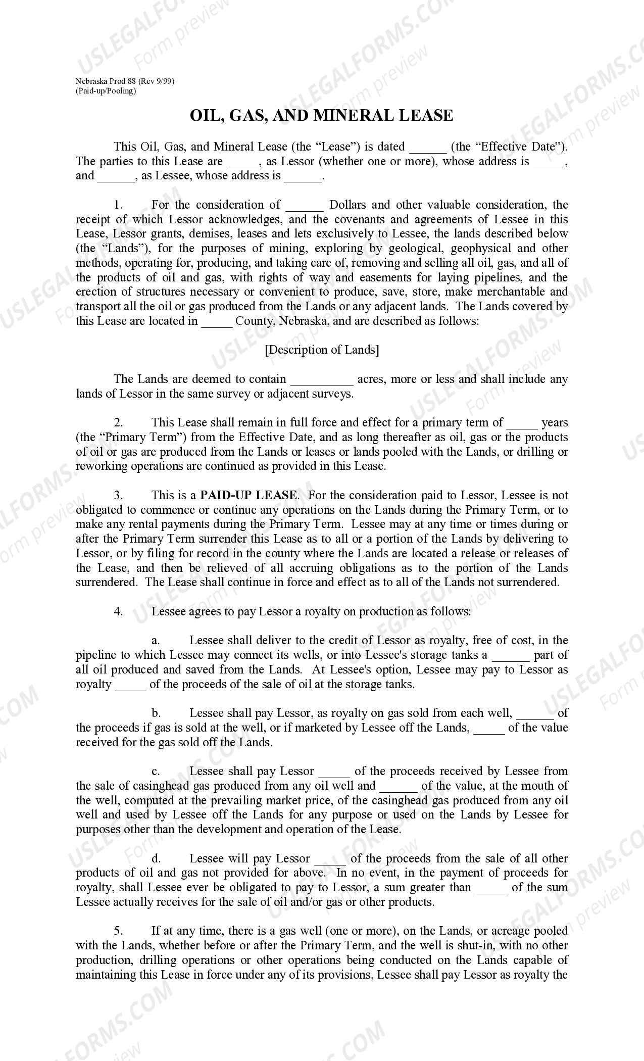 Nebraska Producers 88 Paid Up Lease Pooling Provision | US Legal Forms