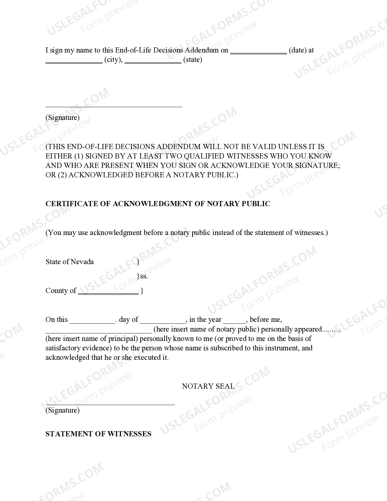 Nebraska End of Life Decisions Addendum to Power of Attorney for Health ...