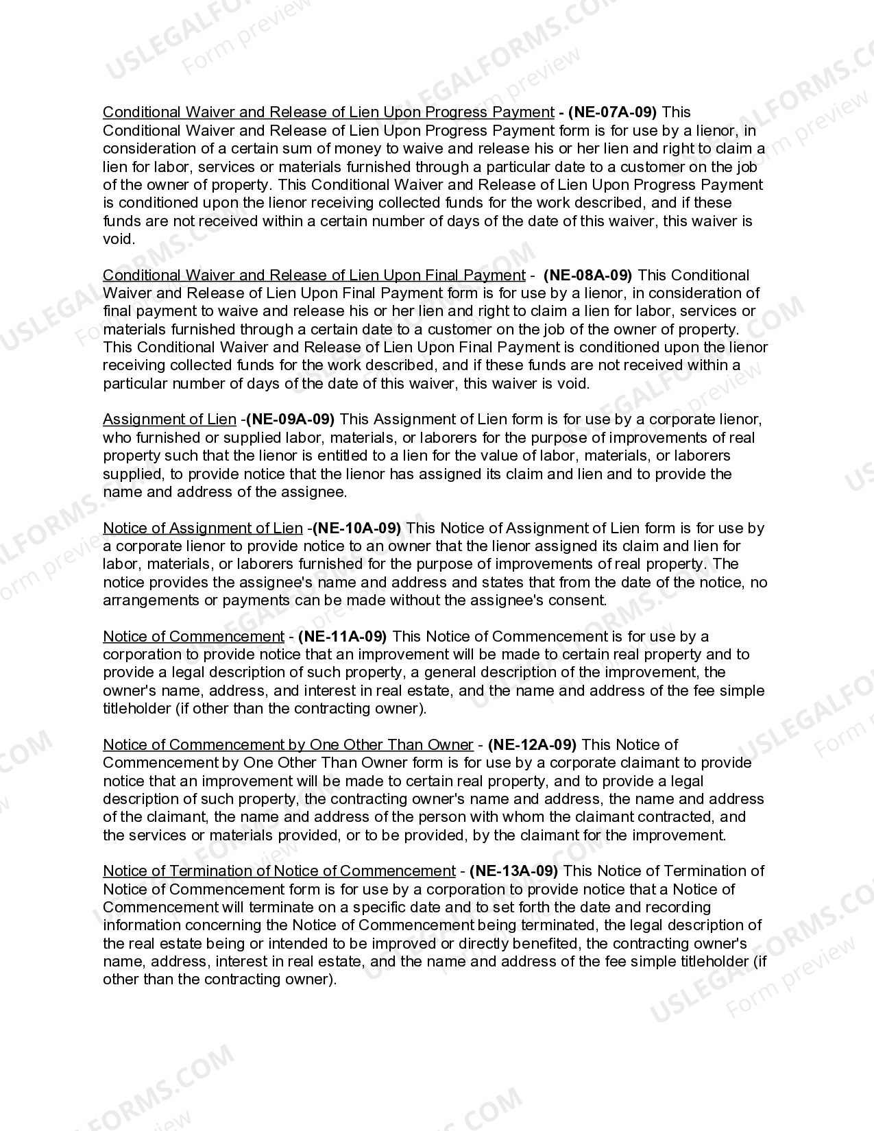 Nebraska Construction or Mechanics Lien Package - Corporation or LLC | US Legal Forms