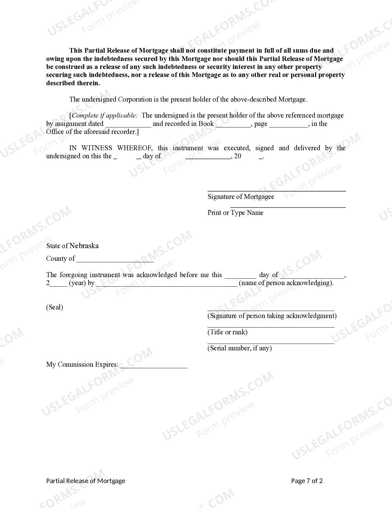 Nebraska Partial Release of Property From Deed of Trust or Mortgage for Individual | US Legal Forms
