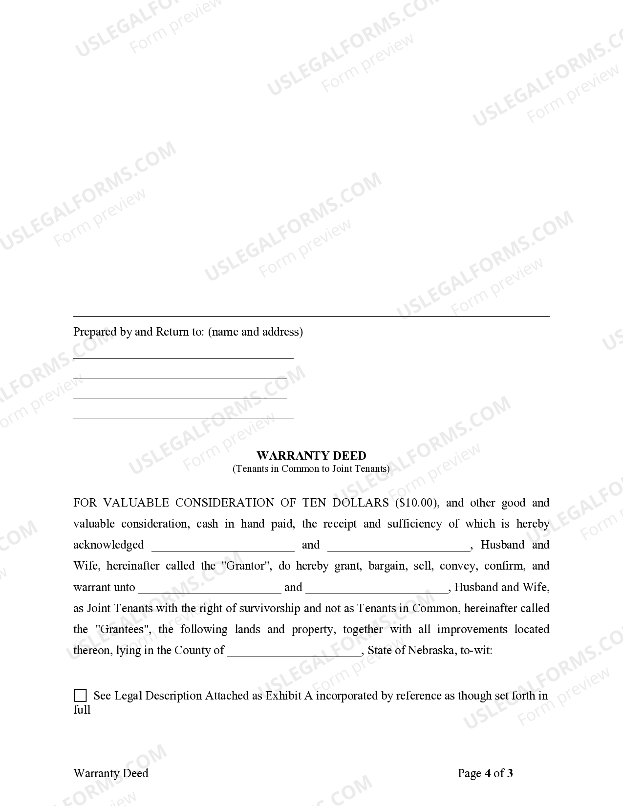 Nebraska Warranty Deed for Husband and Wife Converting Property from ...