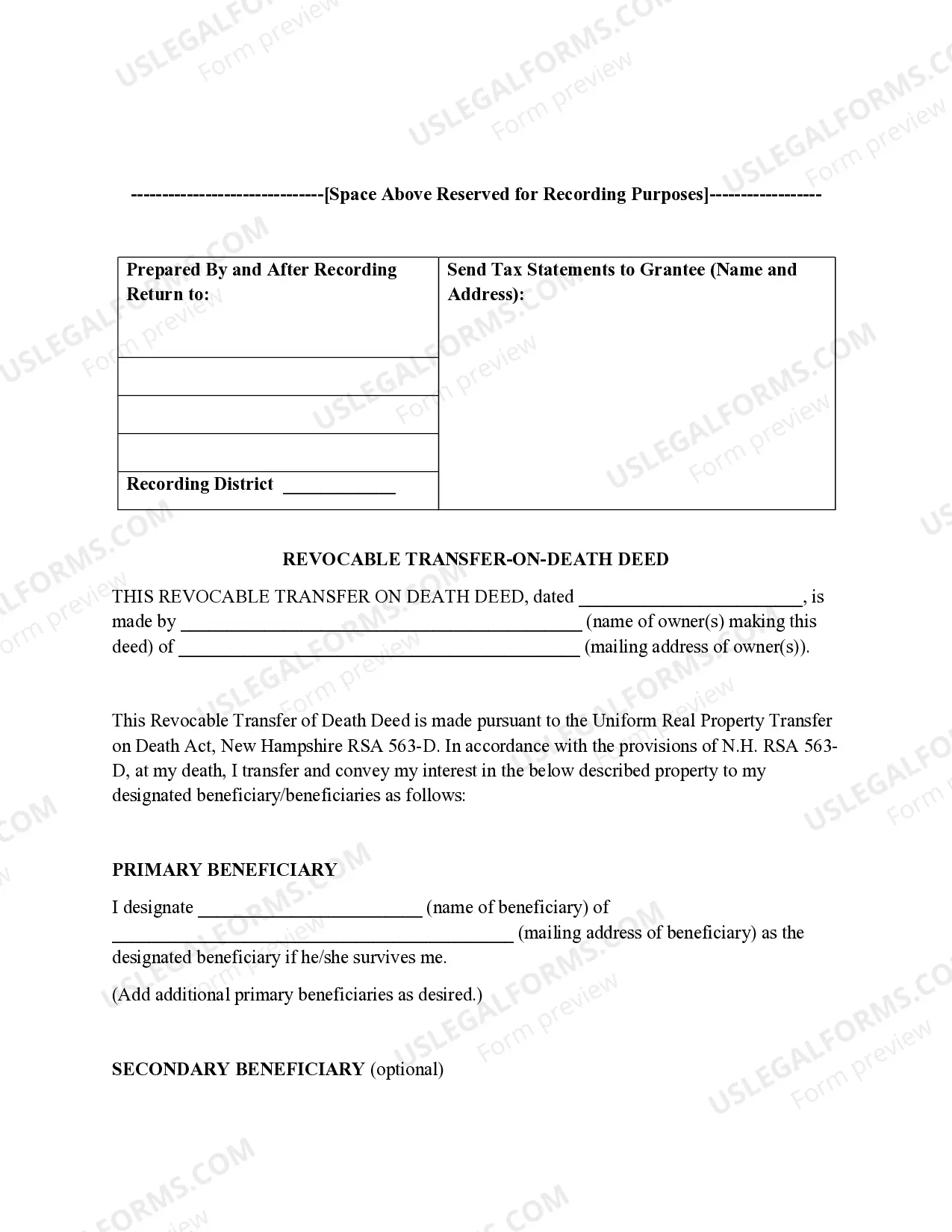 New Hampshire Revocable Transfer on Death Deed | US Legal Forms