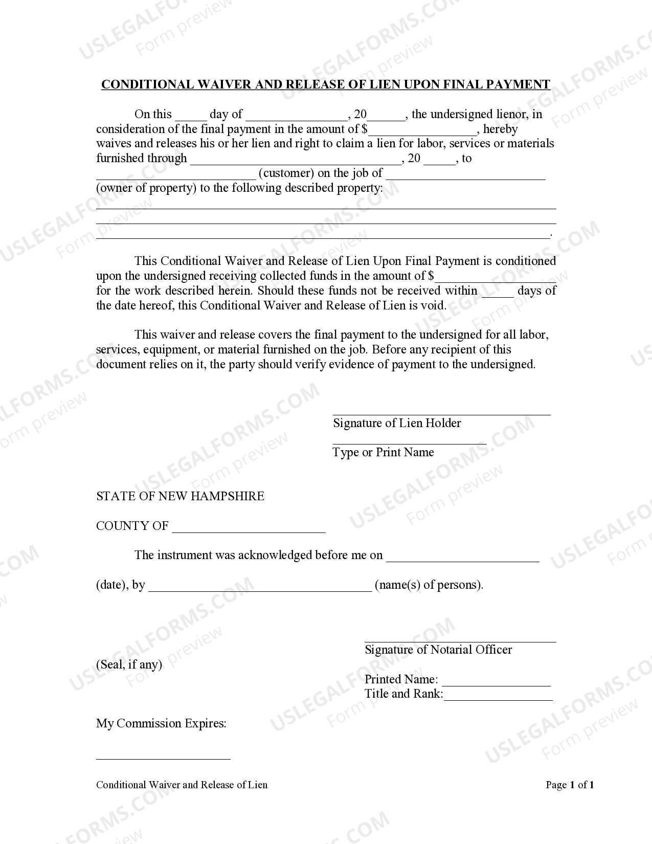 New Hampshire Conditional Waiver and Release of Lien Upon Final Payment - Final Lien Waiver ...
