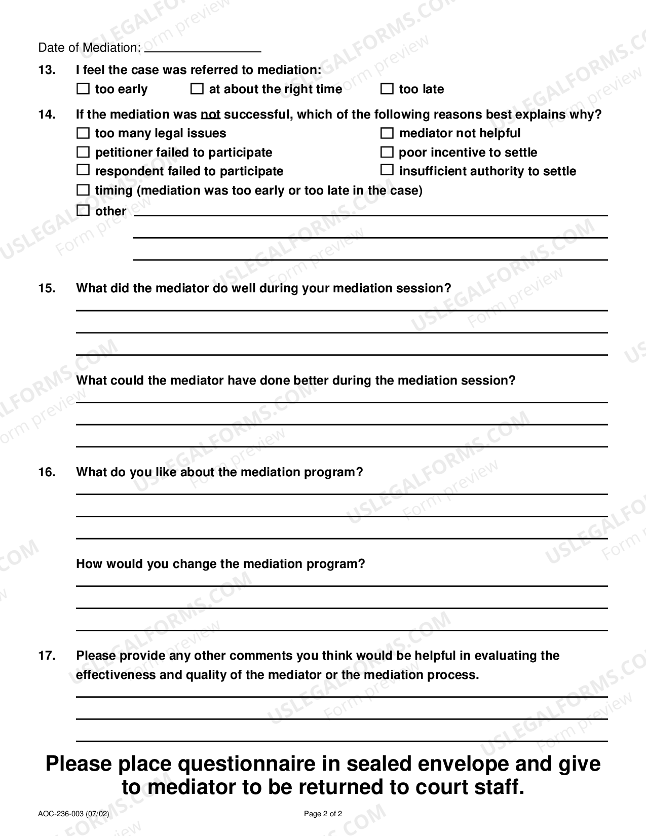 New Hampshire Mediation Questionnaire | US Legal Forms