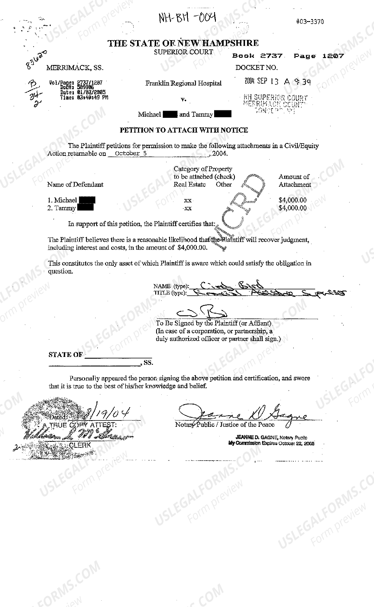 New Hampshire Petition to Attach Real Property with Notice in a Civil ...