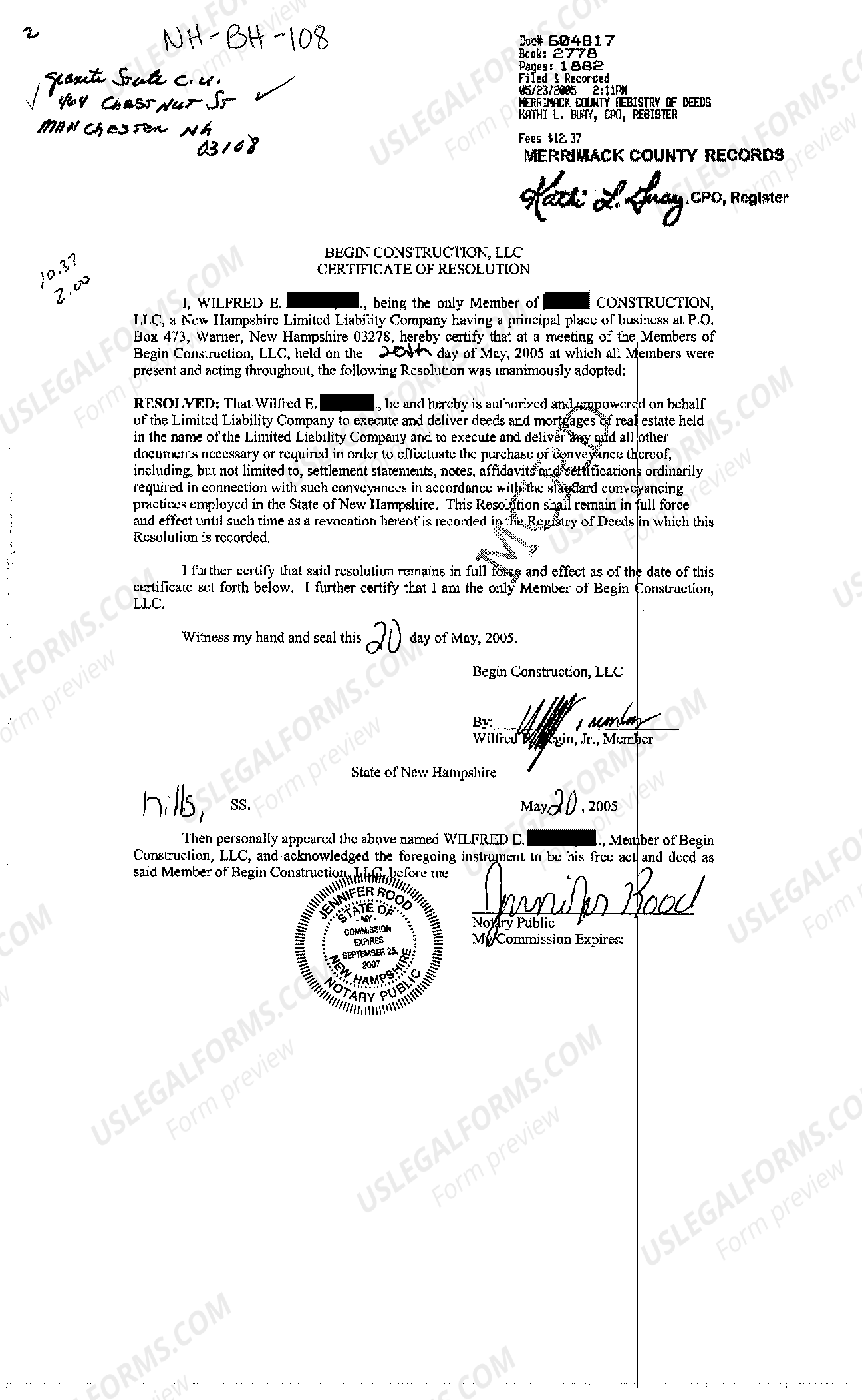 New Hampshire Certificate of Resolution Authorizing Member of LLC to ...