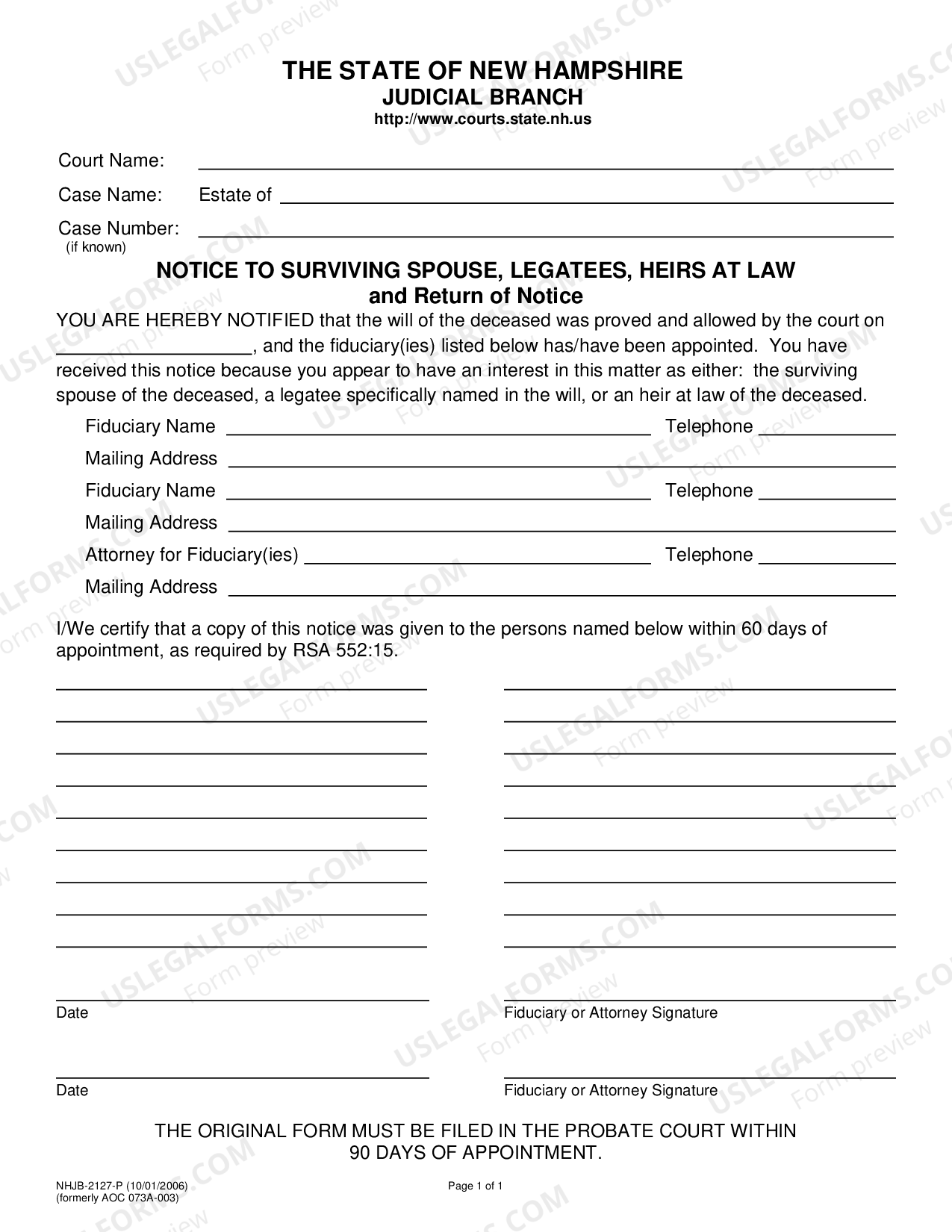 New Hampshire Notice to Surviving Spouse, Legatees, Heirs at Law and ...