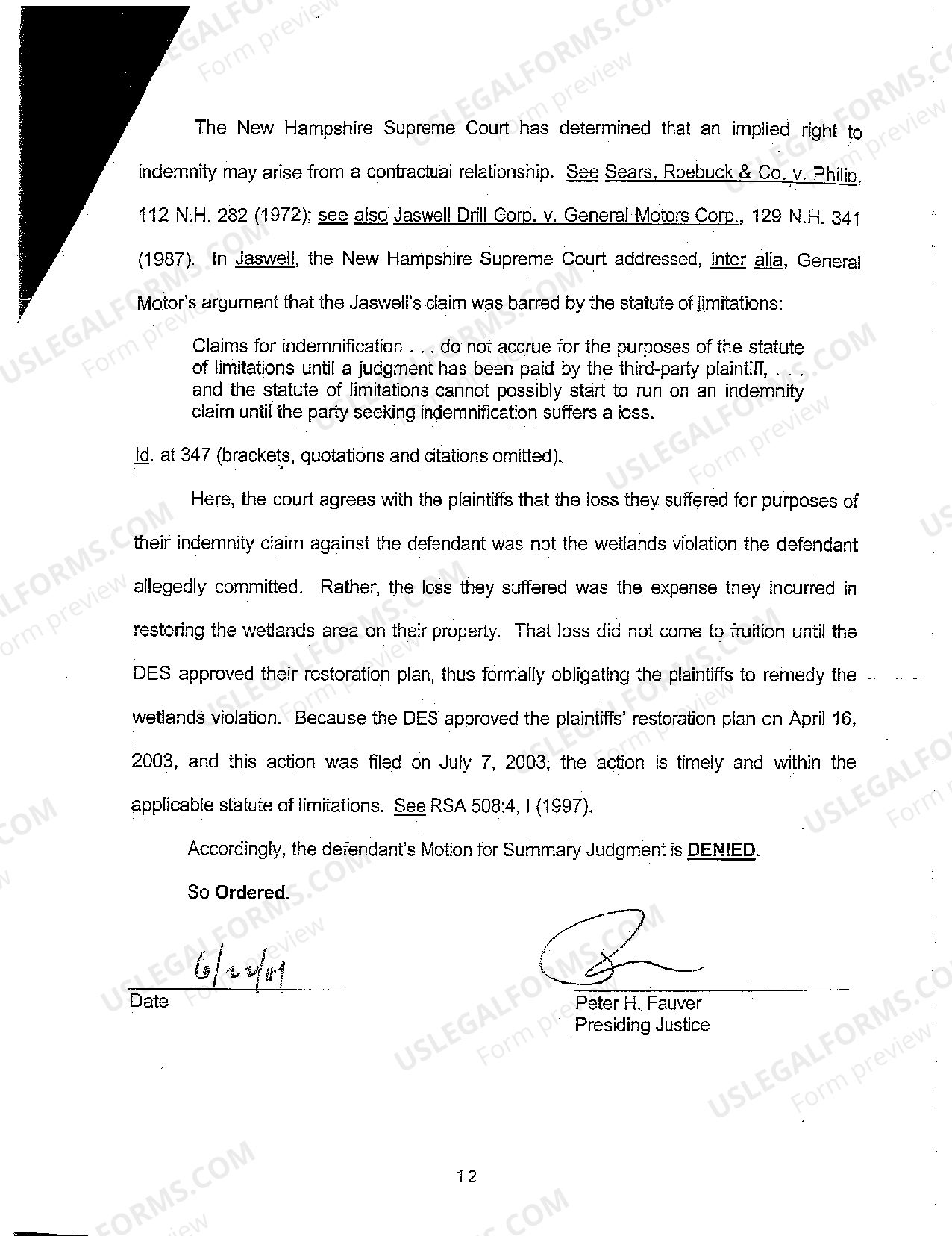 New Hampshire Order Denying Defendant's Summary Judgment Motion | US Legal Forms